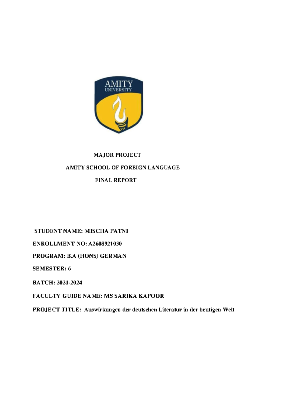 Mischa patni WPR Final Report 2 - MAJOR PROJECT AMITY SCHOOL OF FOREIGN LANGUAGE FINAL REPORT ...