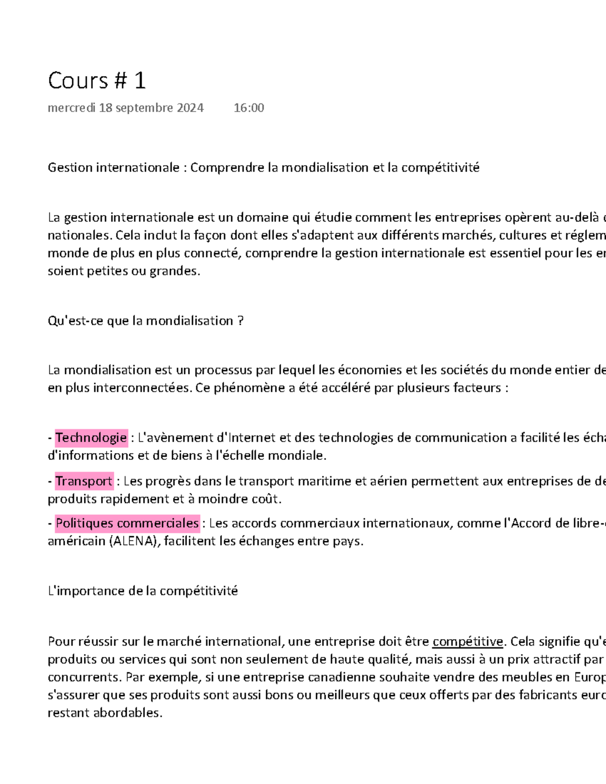 Notes de cours - Chapitre 1 - Gestion internationale : Comprendre la ...