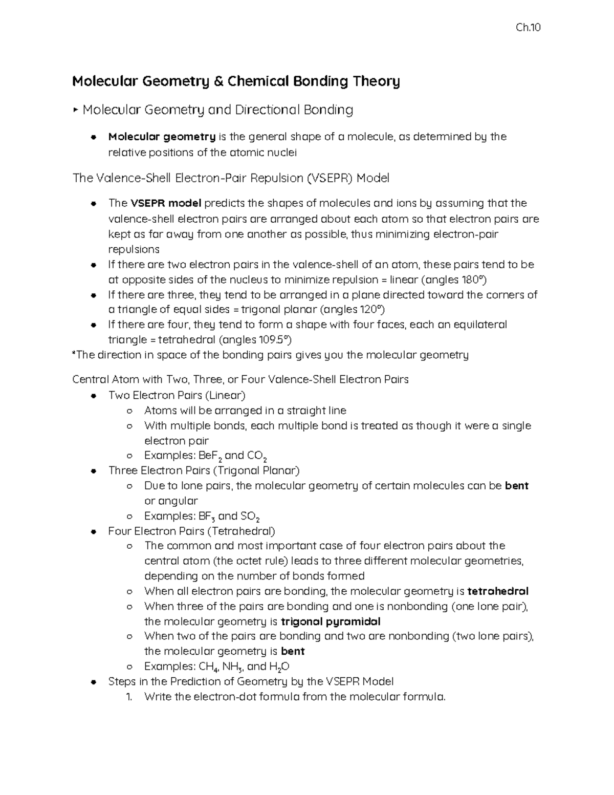 Ch.10 Notes - Ch Molecular Geometry Chemical Bonding Theory Molecular ...