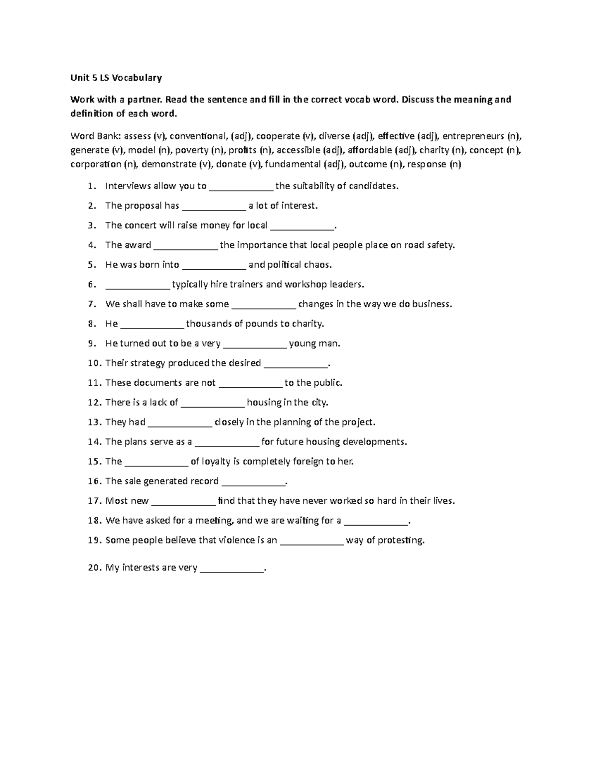 Unit 5 LS Vocabulary practice - Unit 5 LS Vocabulary Work with a ...