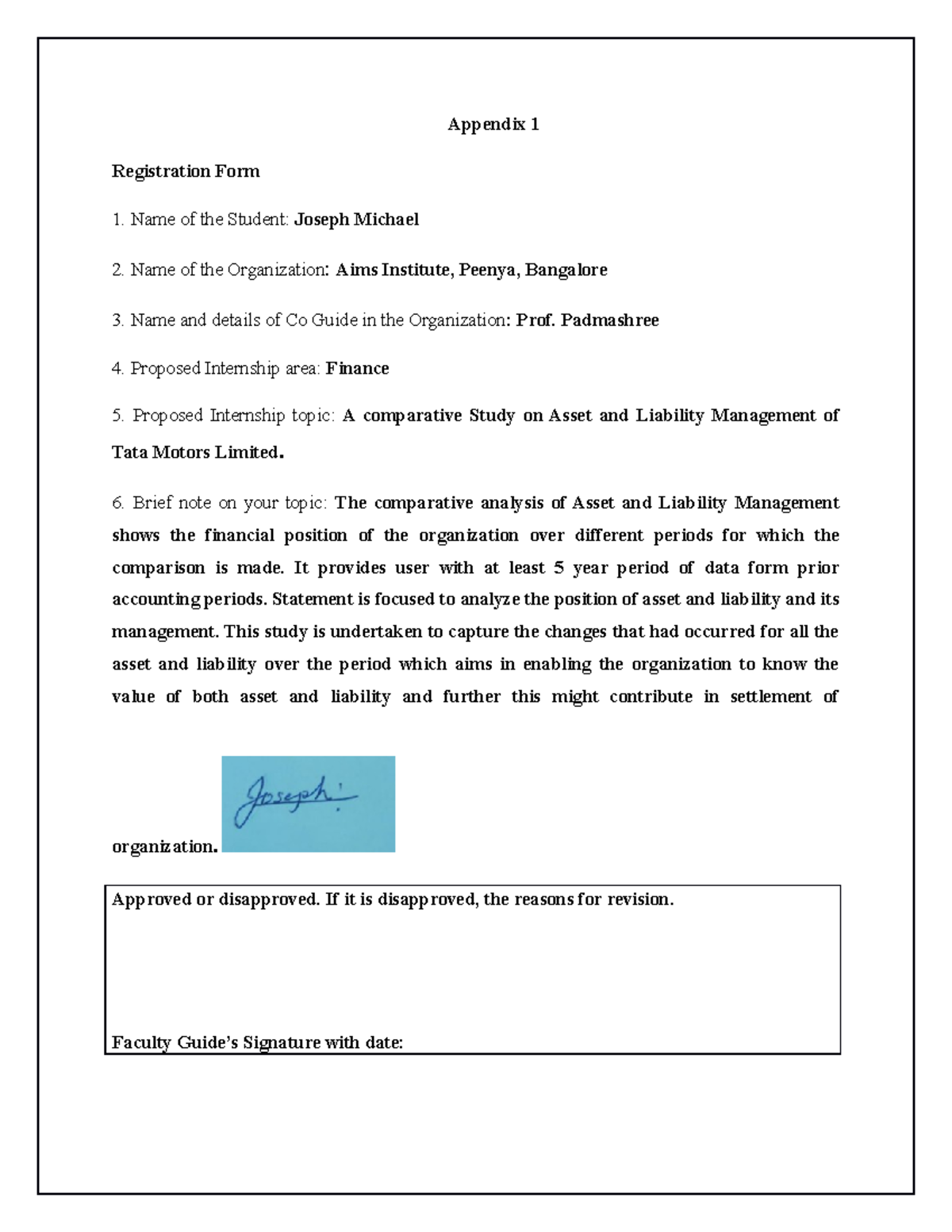 Joseph michael - Appendix 1 Registration Form Name of the Student ...