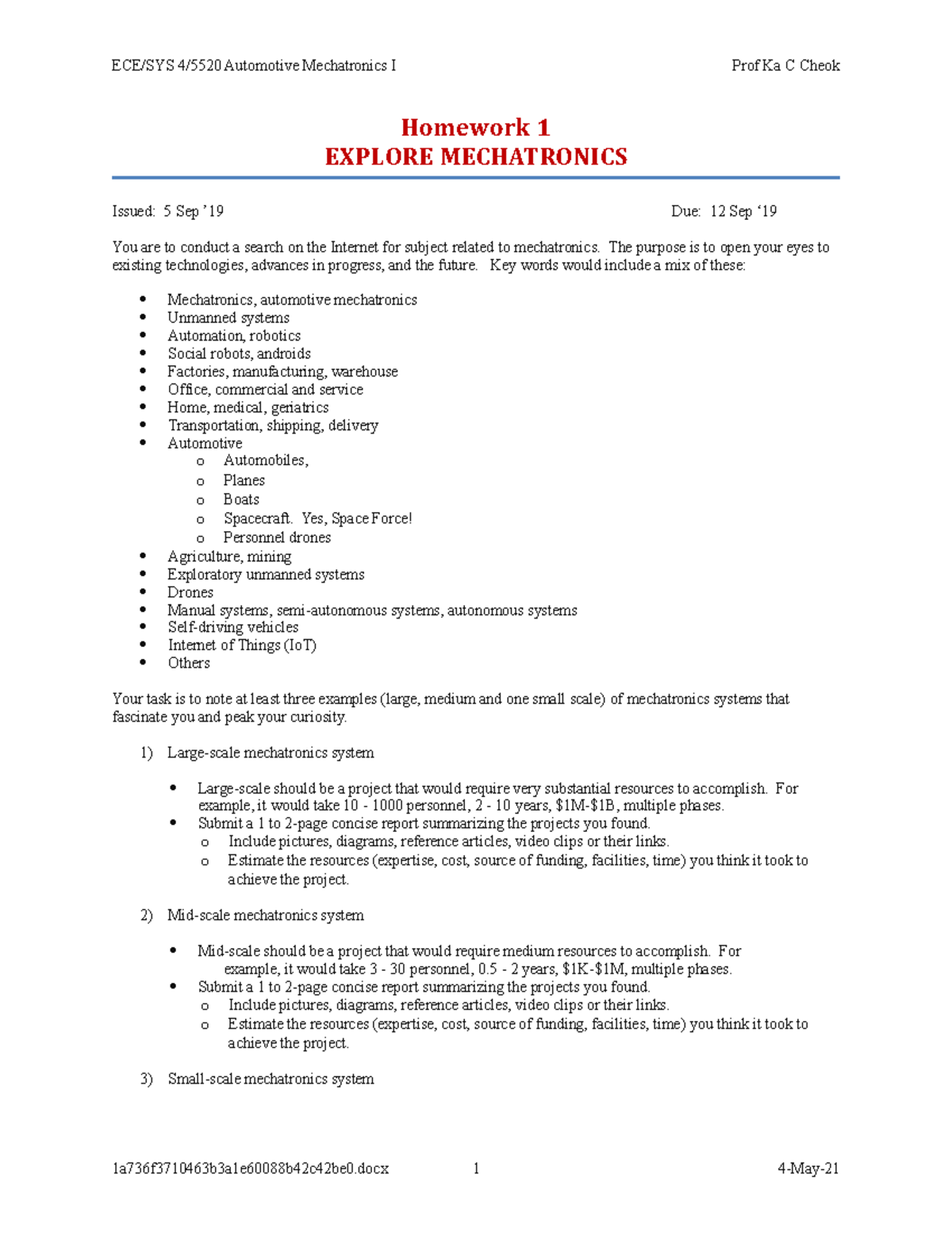 HW 1 Assignment - ECE/SYS 4/5520 Automotive Mechatronics I Prof Ka C ...