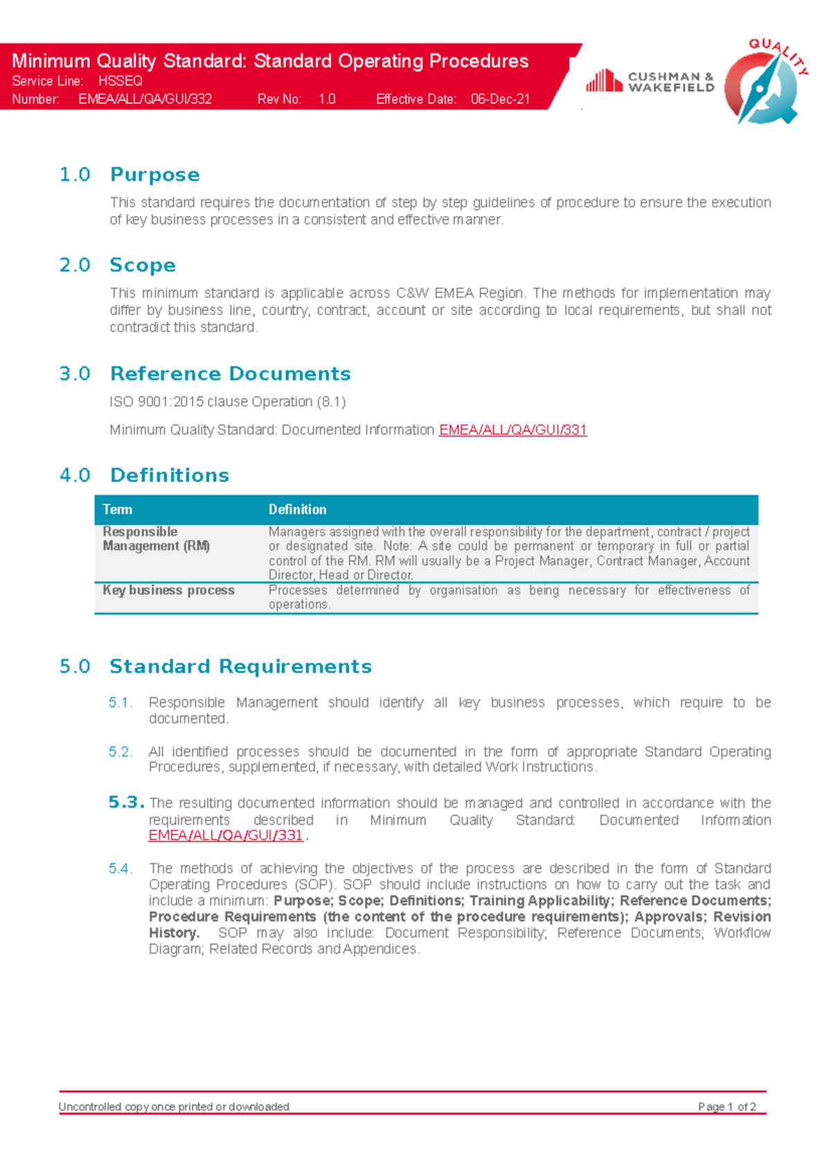 Standard Operating Procedures - Minimum Quality Standard: Standard ...