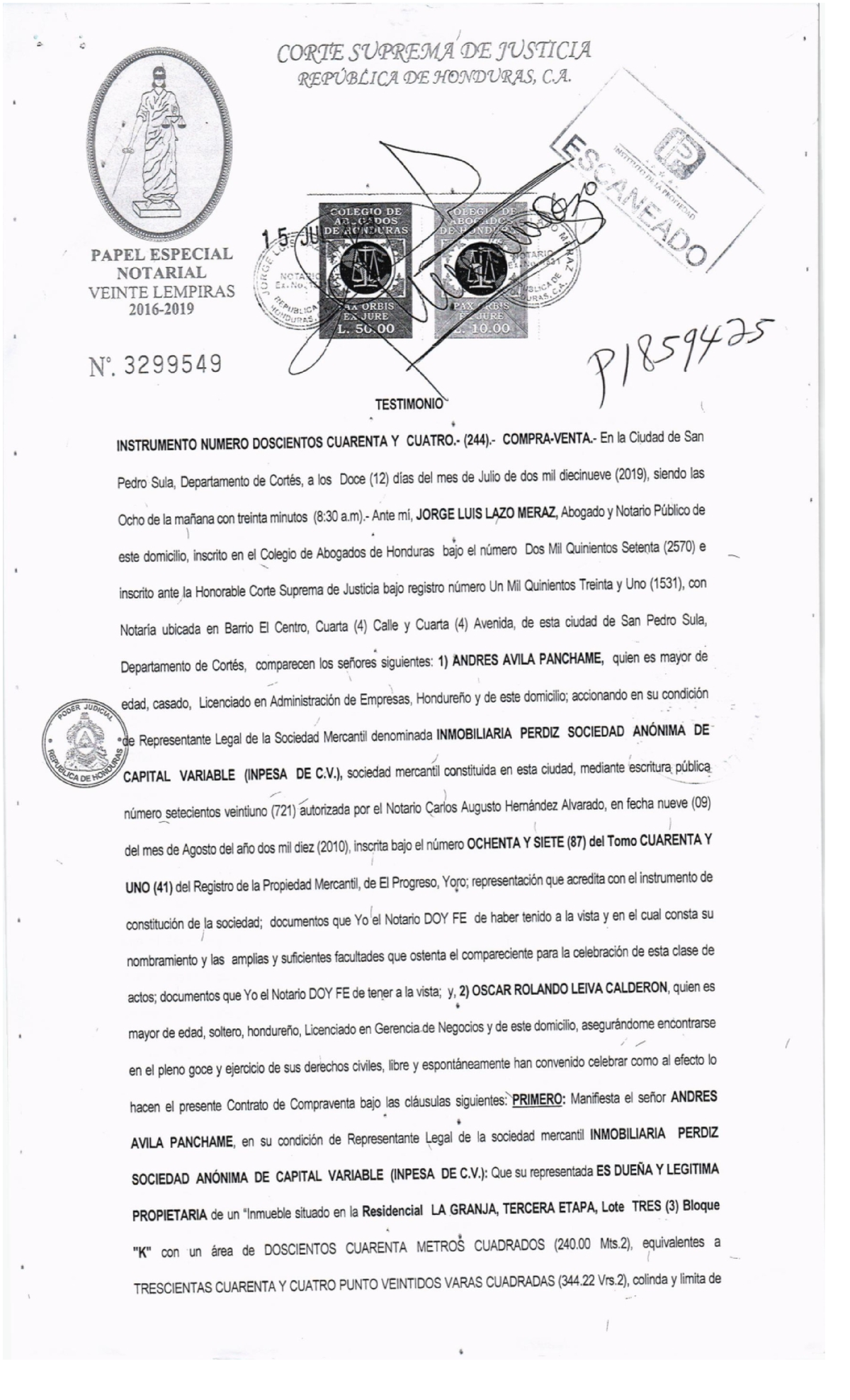 Compraventa OL - notarial - CORTE SUPREMA DE JUSTICIA REPUBLICA DE HONDURAS, C. COLEGIO DE ...