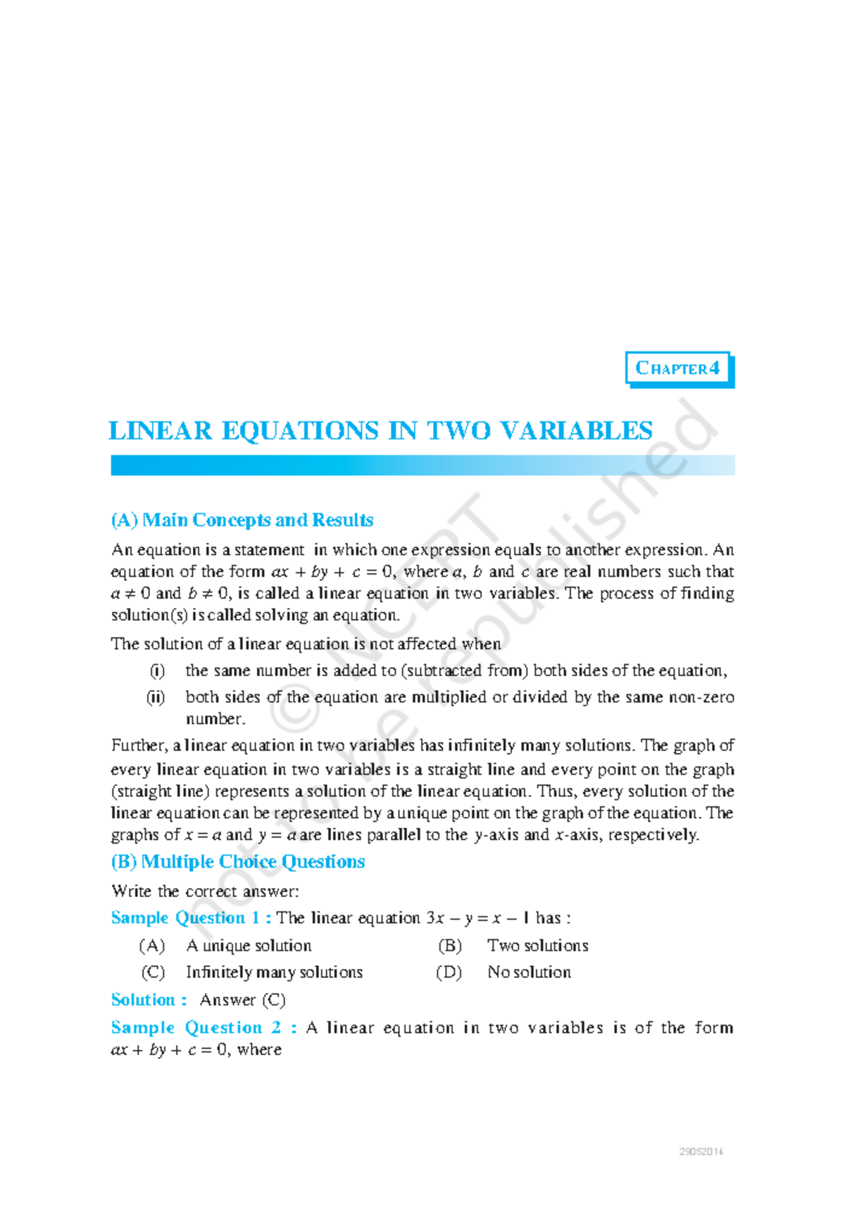 LINEAR EQUATIONS IN TWO VARIABLES - (A) Main Concepts and Results An equation is a statement in ...
