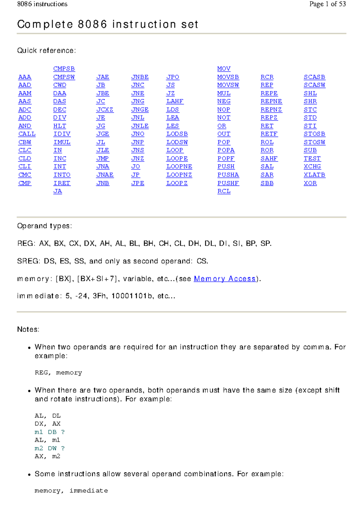 I8086 instruction set - informacion de procesador 8086 - Complete 8086 ...
