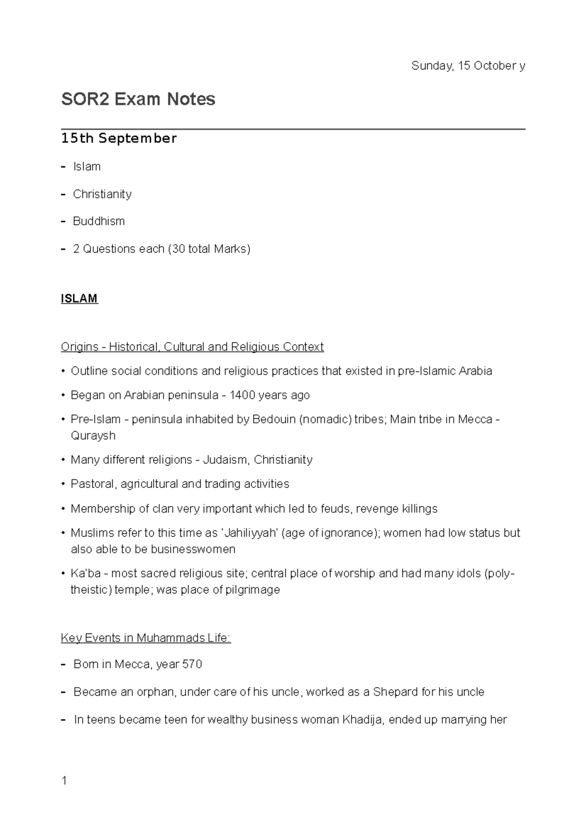 SOR2 Exam Notes - SOR2 Exam Notes 15th September - Islam - Christianity ...