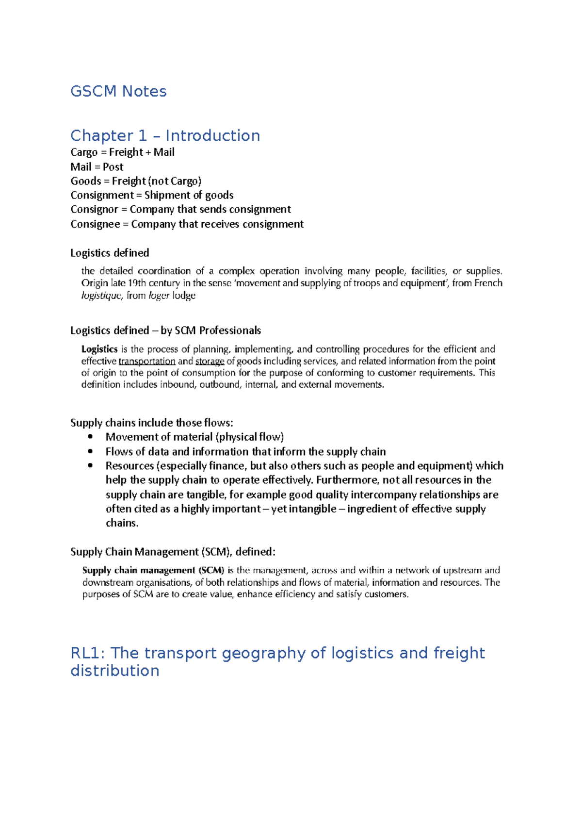 GSCM Notes - GSCM Notes Chapter 1 – Introduction Cargo = Freight + Mail ...
