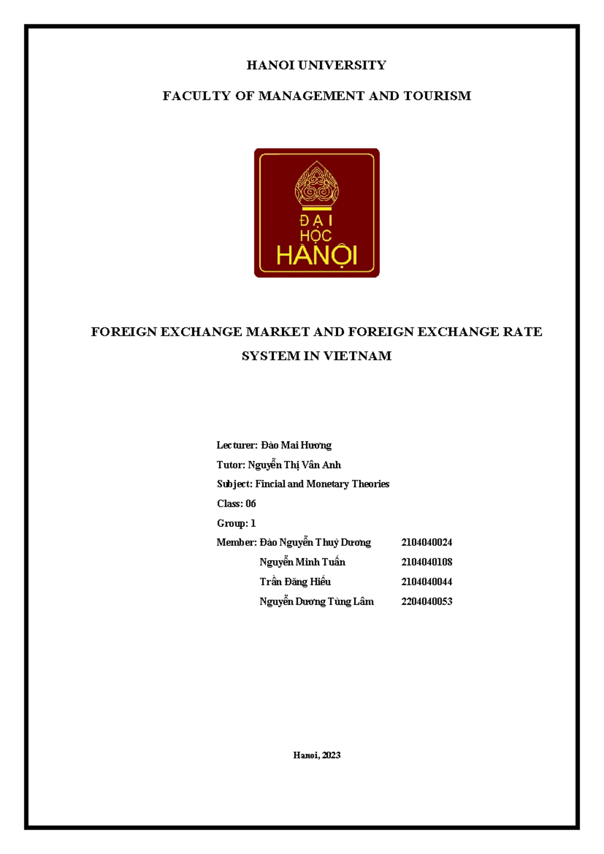 FMT- Group 1 - HANU - HANOI UNIVERSITY FACULTY OF MANAGEMENT AND ...