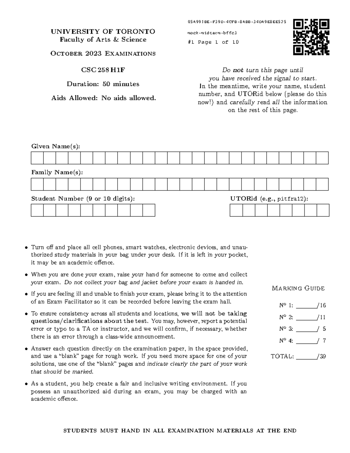 Mock Midterm Booklet - UNIVERSITY OF TORONTO Faculty of Arts & Science ...