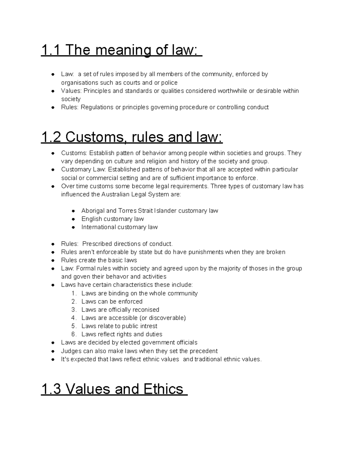 Chapter 1 Notes - 1 The meaning of law: Law: a set of rules imposed by ...