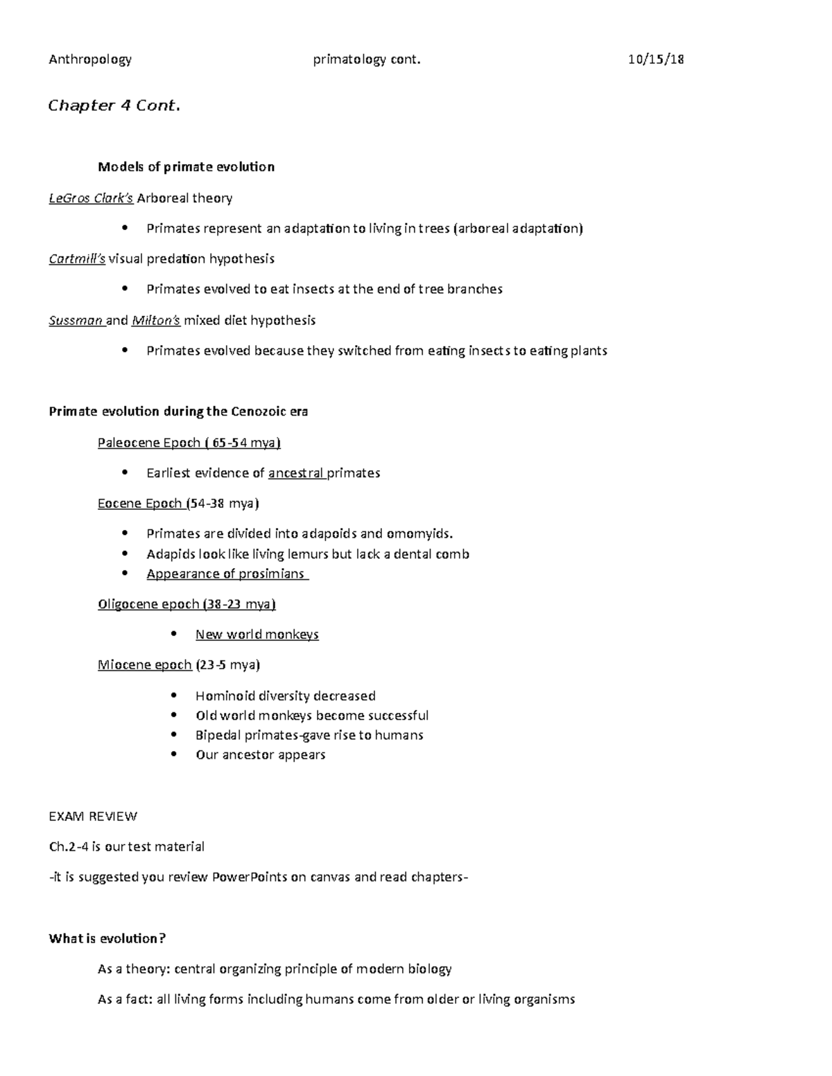 1015 lecture - Anthropology primatology cont. Chapter 4 Cont. Models of ...