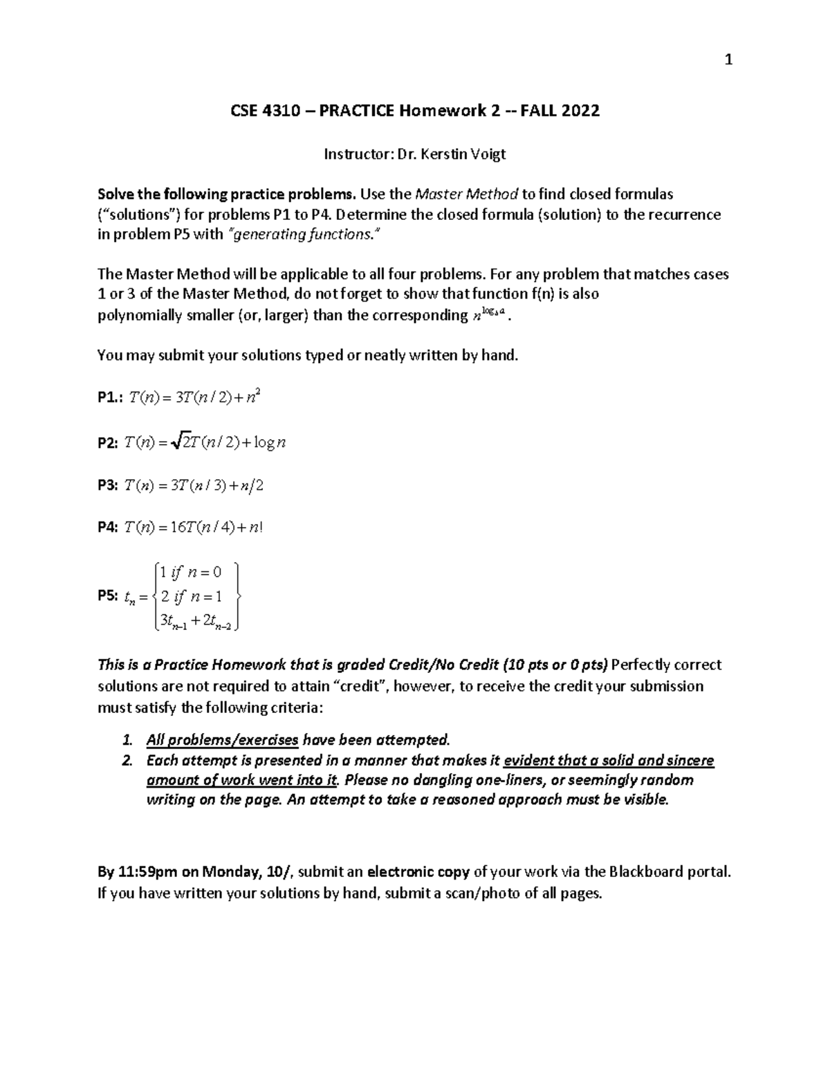 Cse 4310 Practice Homework 2 1 Cse 4310 Practice Homework 2 Fall 2022 Instructor Dr