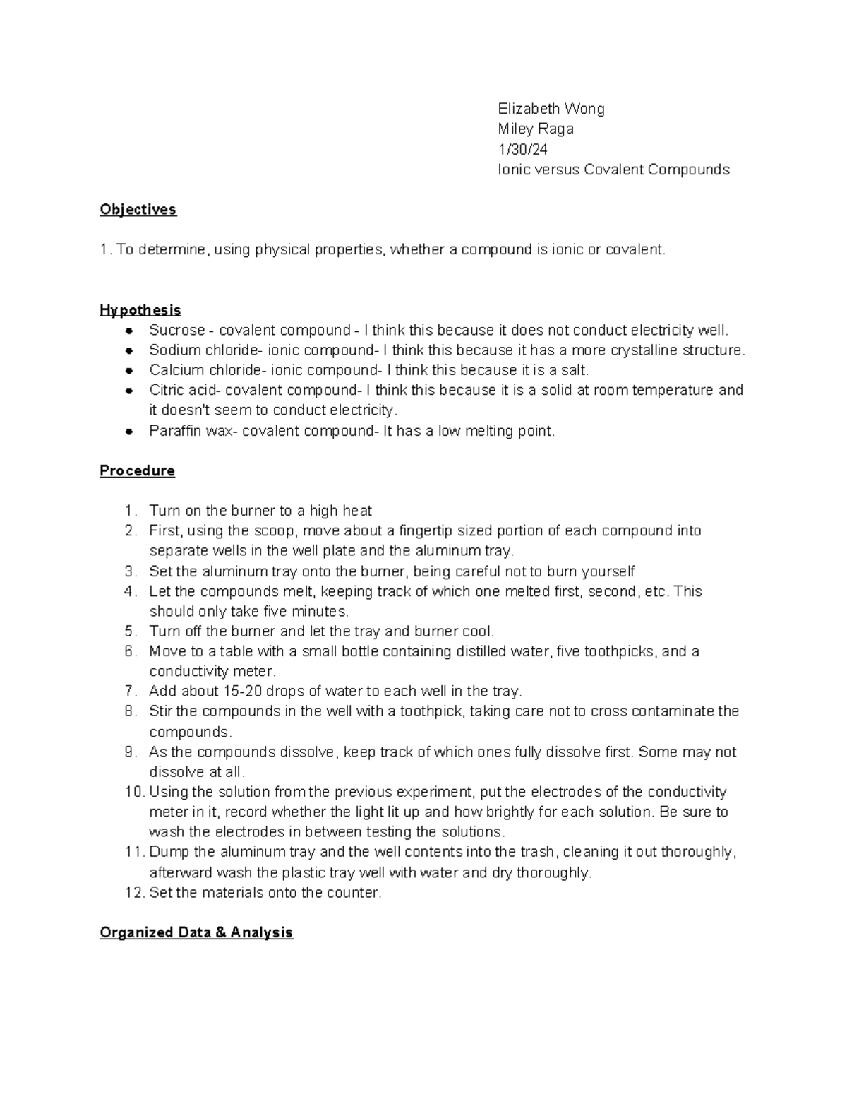 Elizabeth Wong - Science Lab Report - Elizabeth Wong Miley Raga 1/30 ...