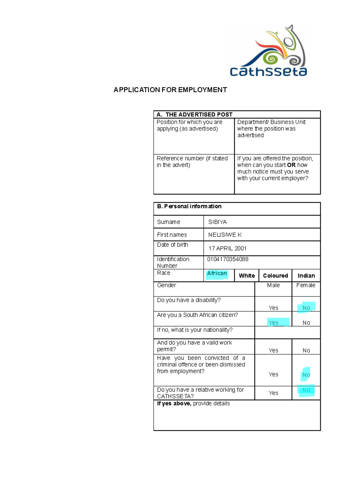 Summary revision - APPLICATION FOR EMPLOYMENT A. THE ADVERTISED POST ...