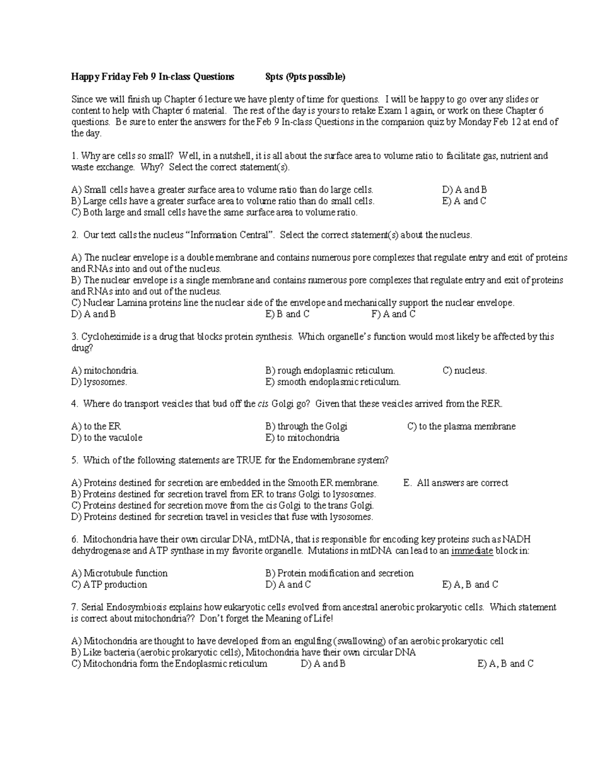 Fri Feb 9 in class - Questions for BIOL 111 - Happy Friday Feb 9 In ...