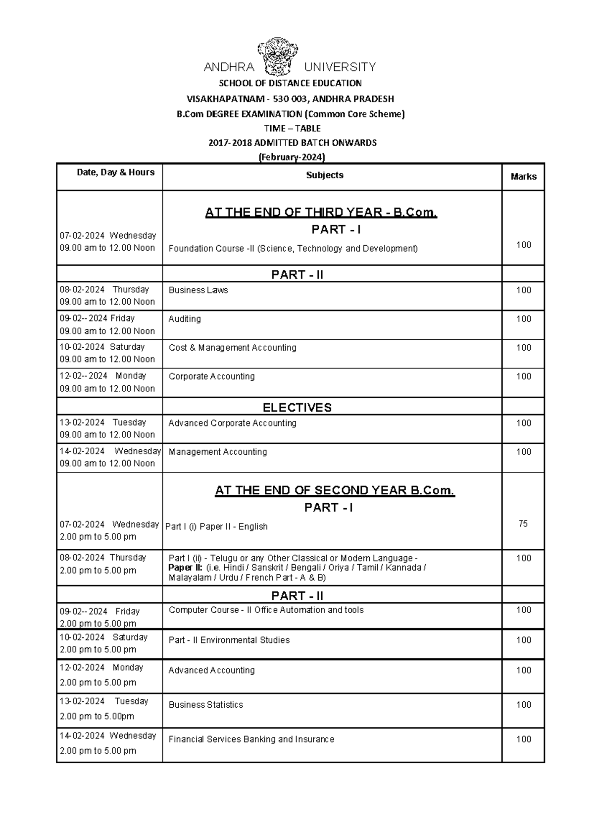 UG TIME Table - 2024-NEW - ANDHRA VISAKHAPATNAM B DEGREE EXAMINATION ...