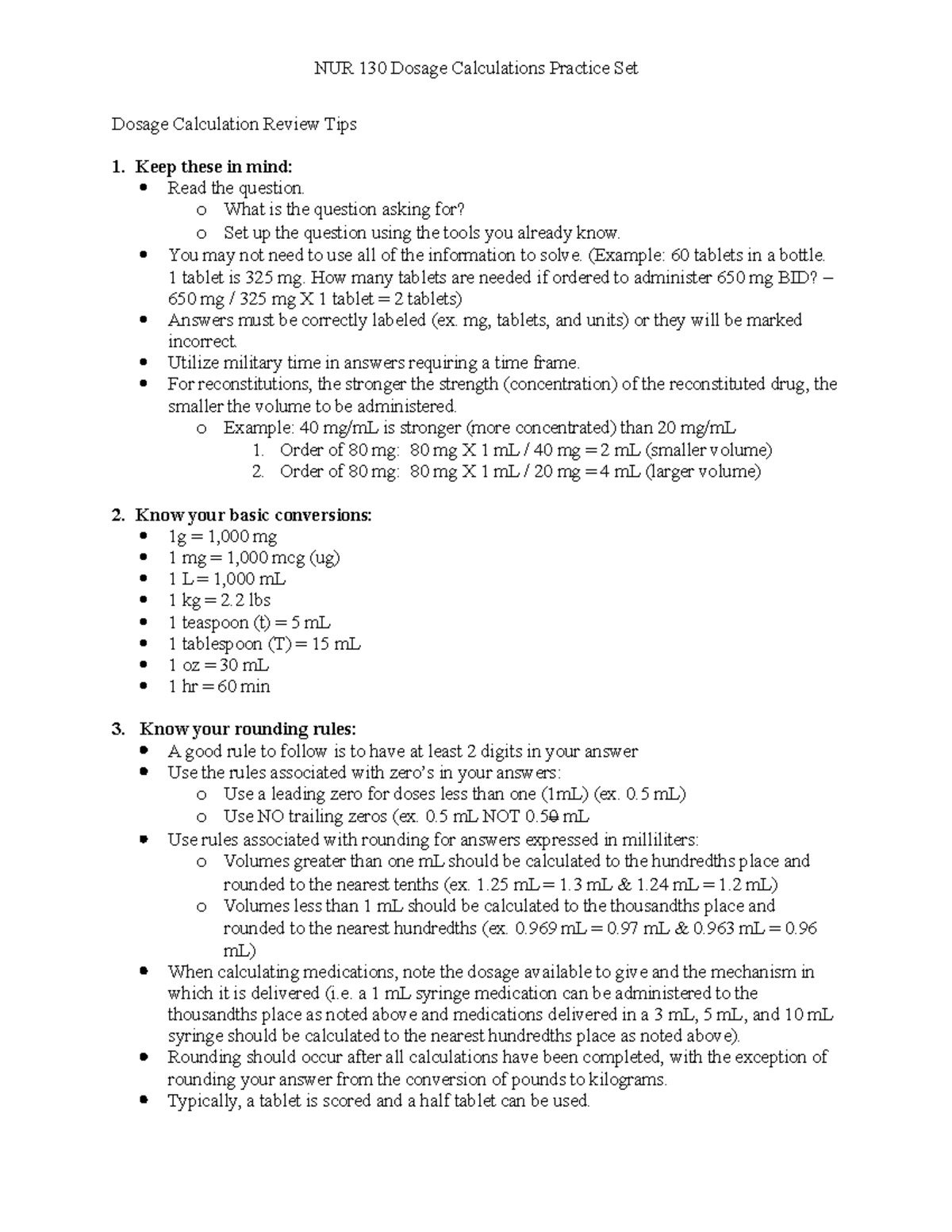 Fall 2021 NUR 130 Practice Dosage Calculation Test - Dosage Calculation ...