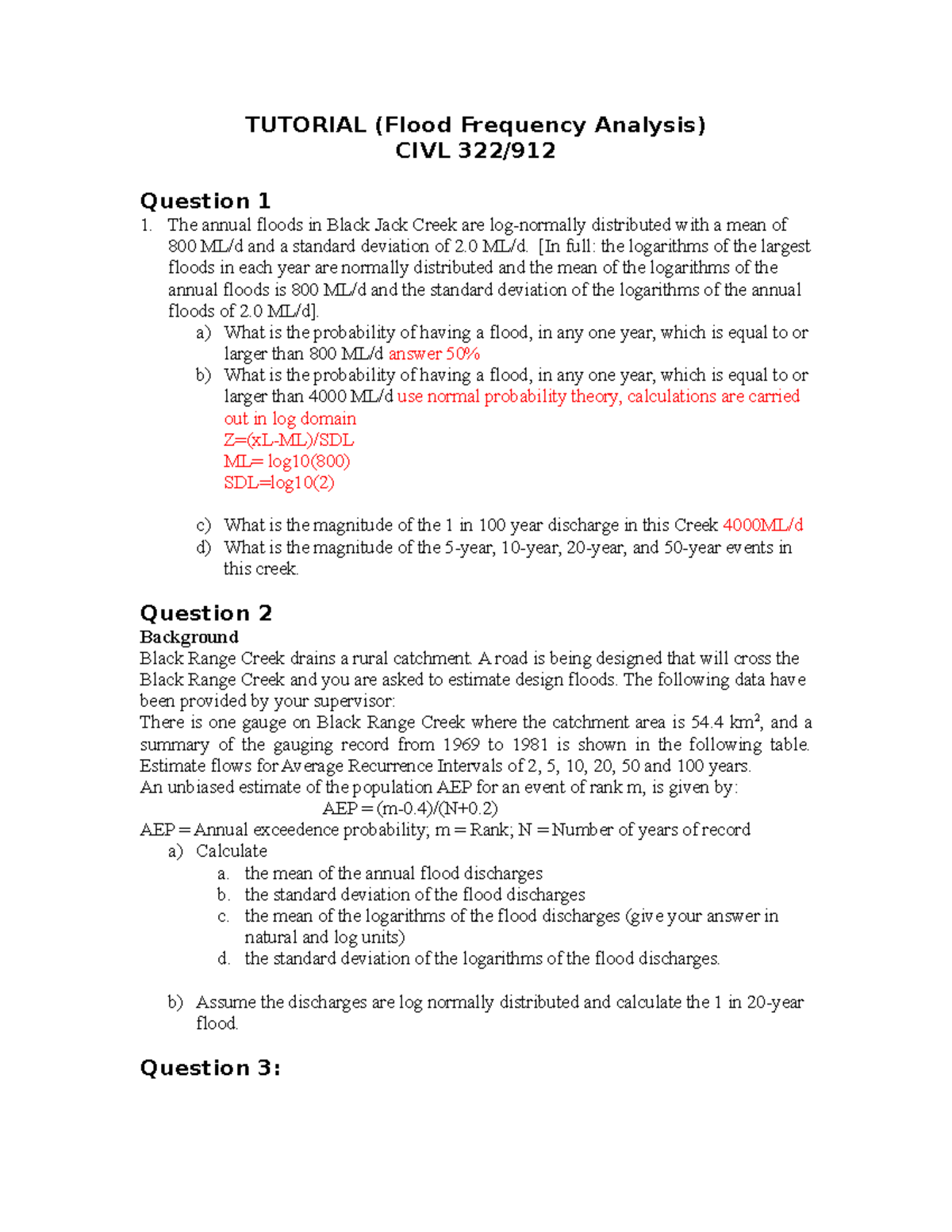 Week 3 Tutorial Questions Tutorial Flood Frequency Analysis Civl