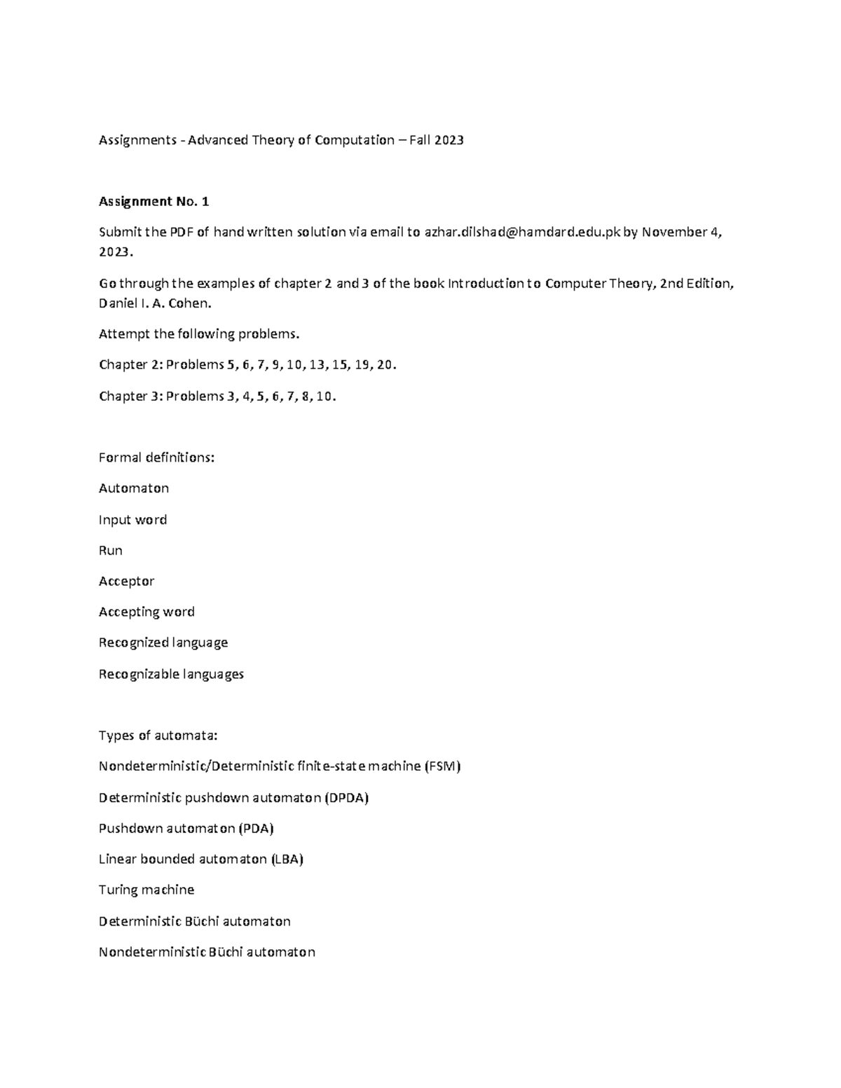 Assignments Adv Th Comp Fall 2023 - Assignments - Advanced Theory of Computation – Fall 2023 ...