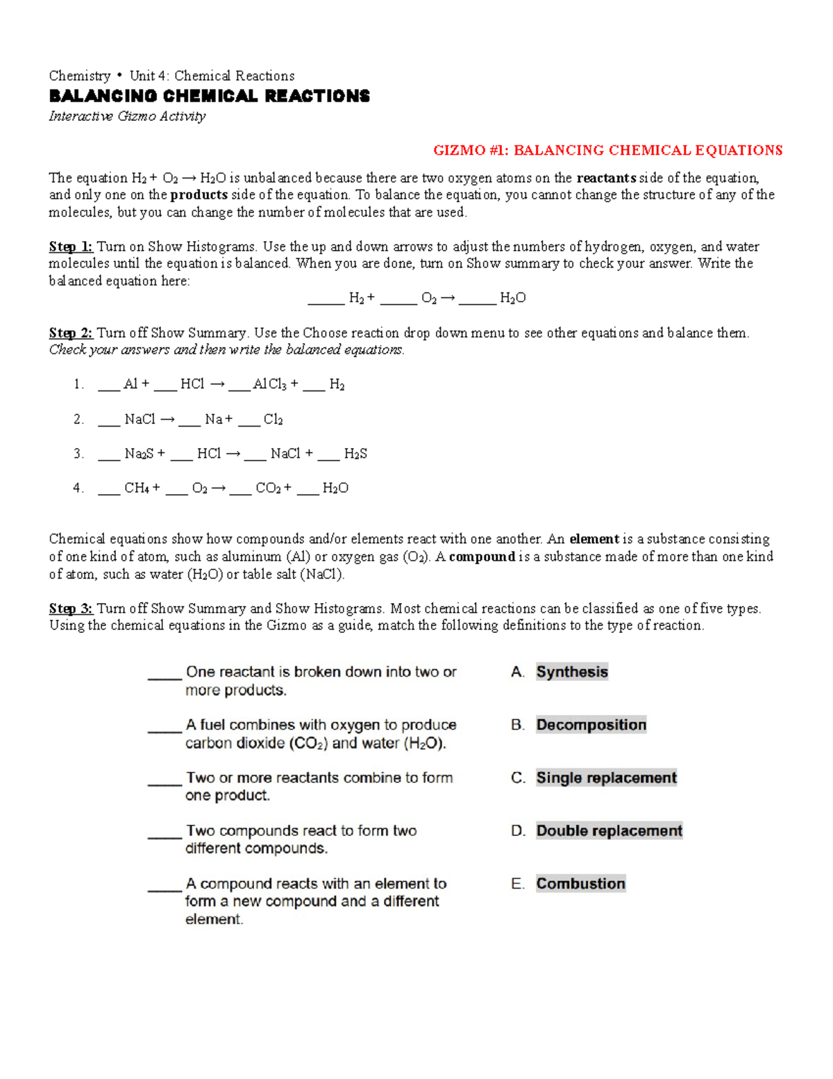Balancing Reactions with Gizmos - Chemistry • Unit 4: Chemical ...