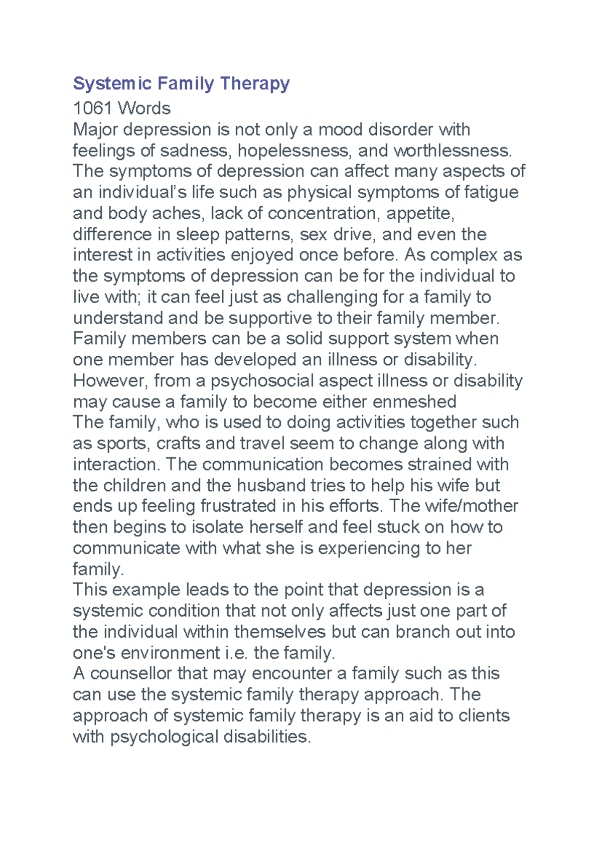 Systemic Family Therapy write up - Systemic Family Therapy 1061 Words ...