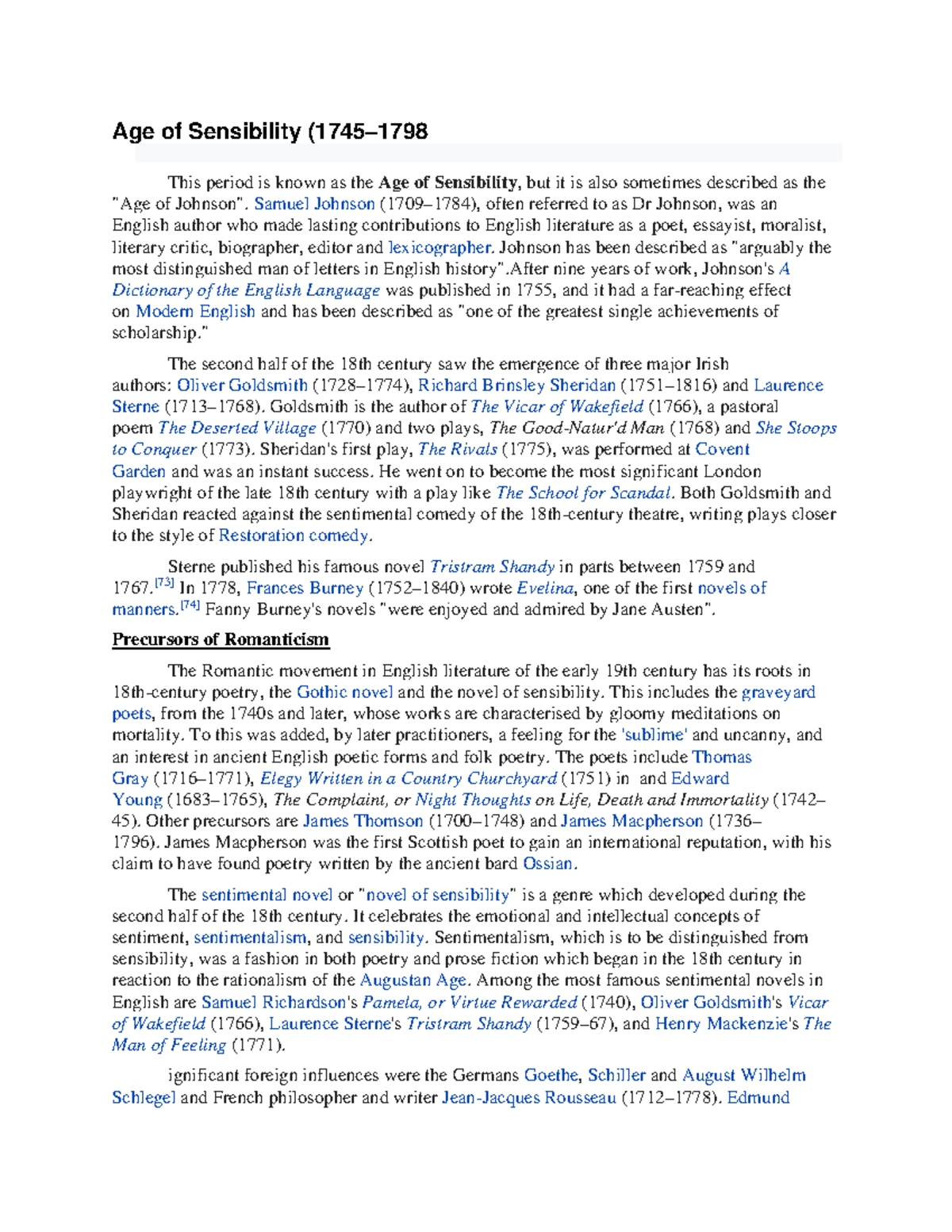 Age of Sensibility - its lecture notes - Age of Sensibility (1745– This ...