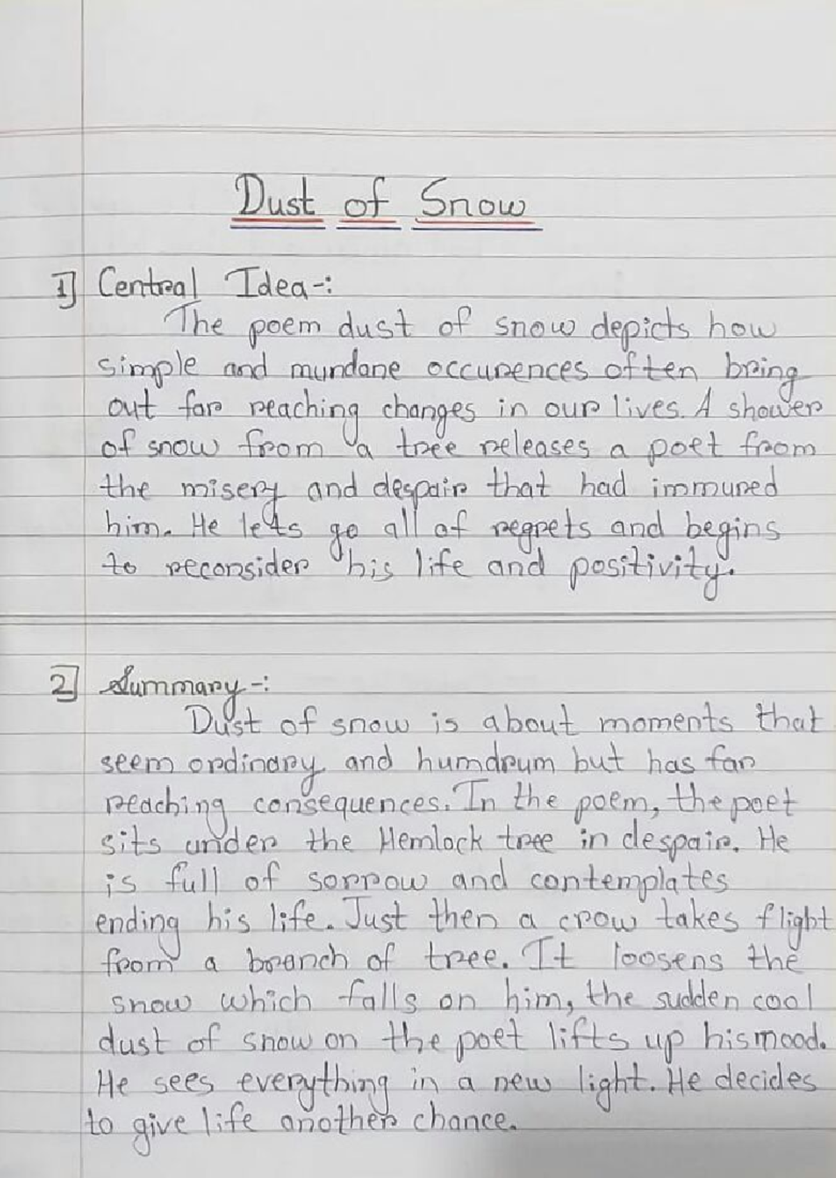 Dust of Snow questions and answers - Dust of Snow Central The poem dust ...