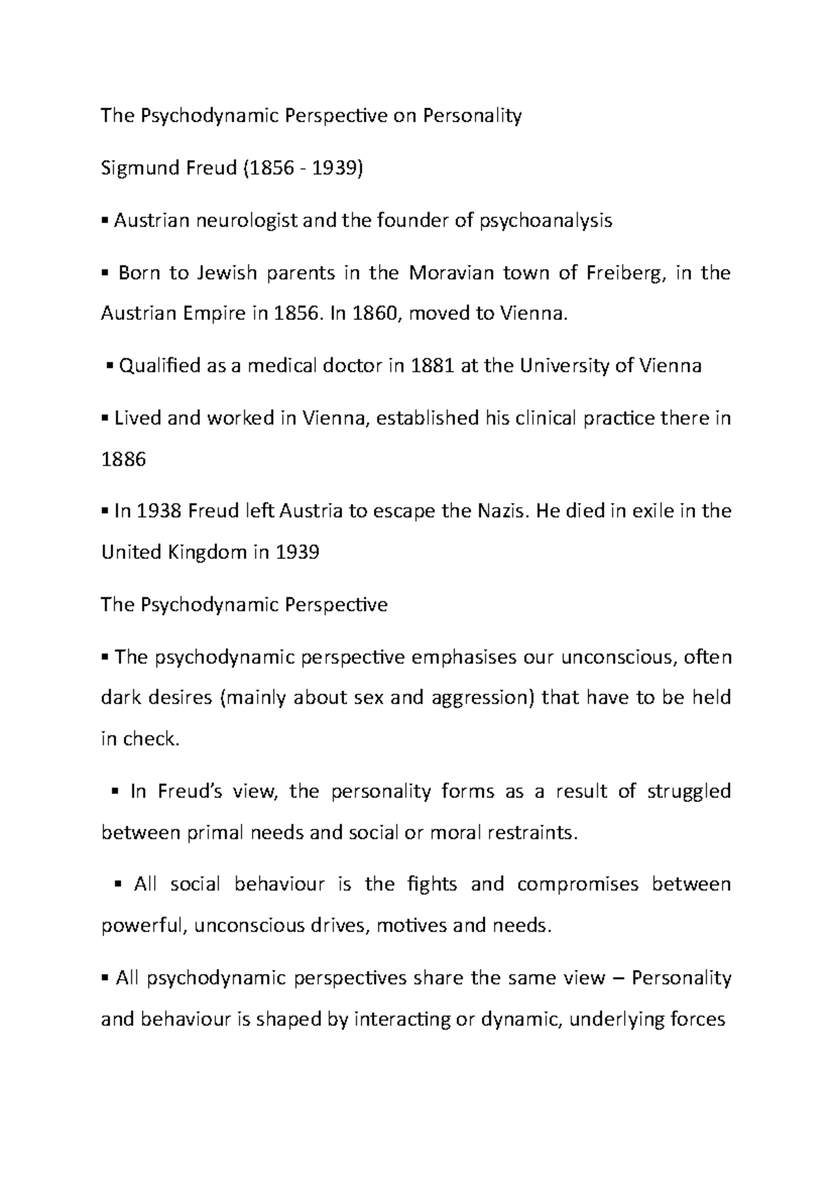 The Pyschodynamic Perseptive on Personality - In 1860, moved to Vienna ...