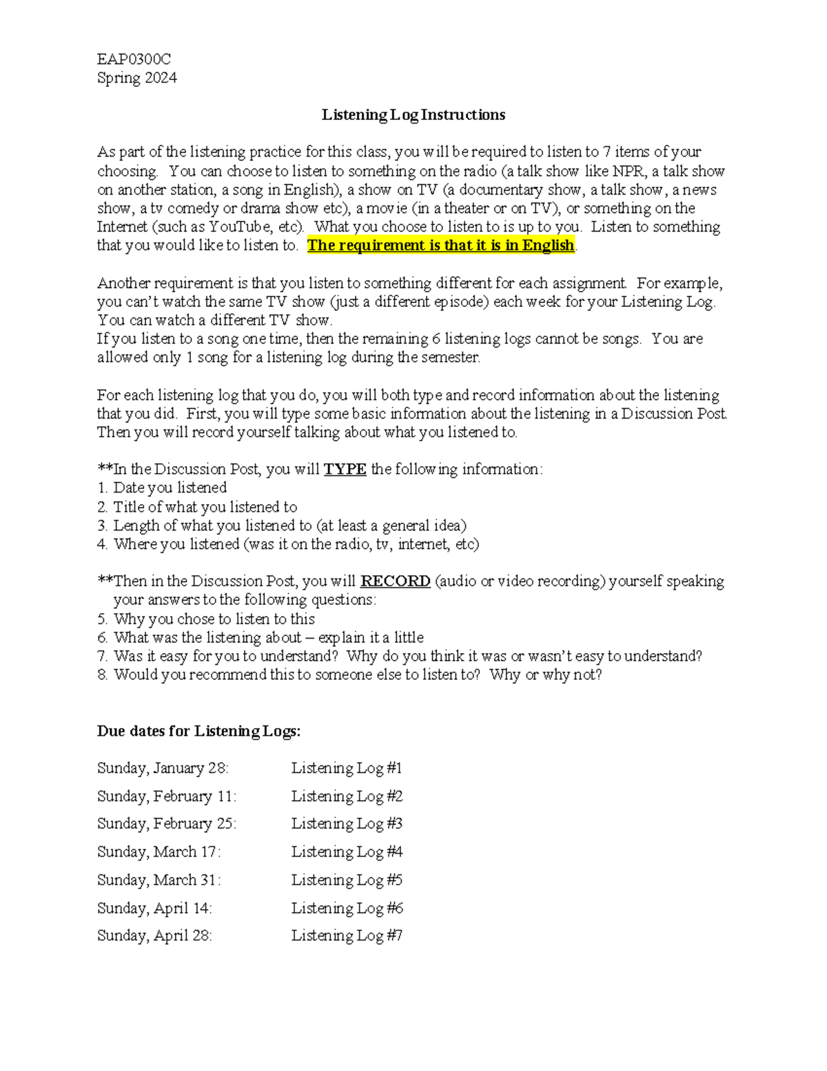 Listening Log Instructions - EAP0300C Spring 2024 Listening Log ...