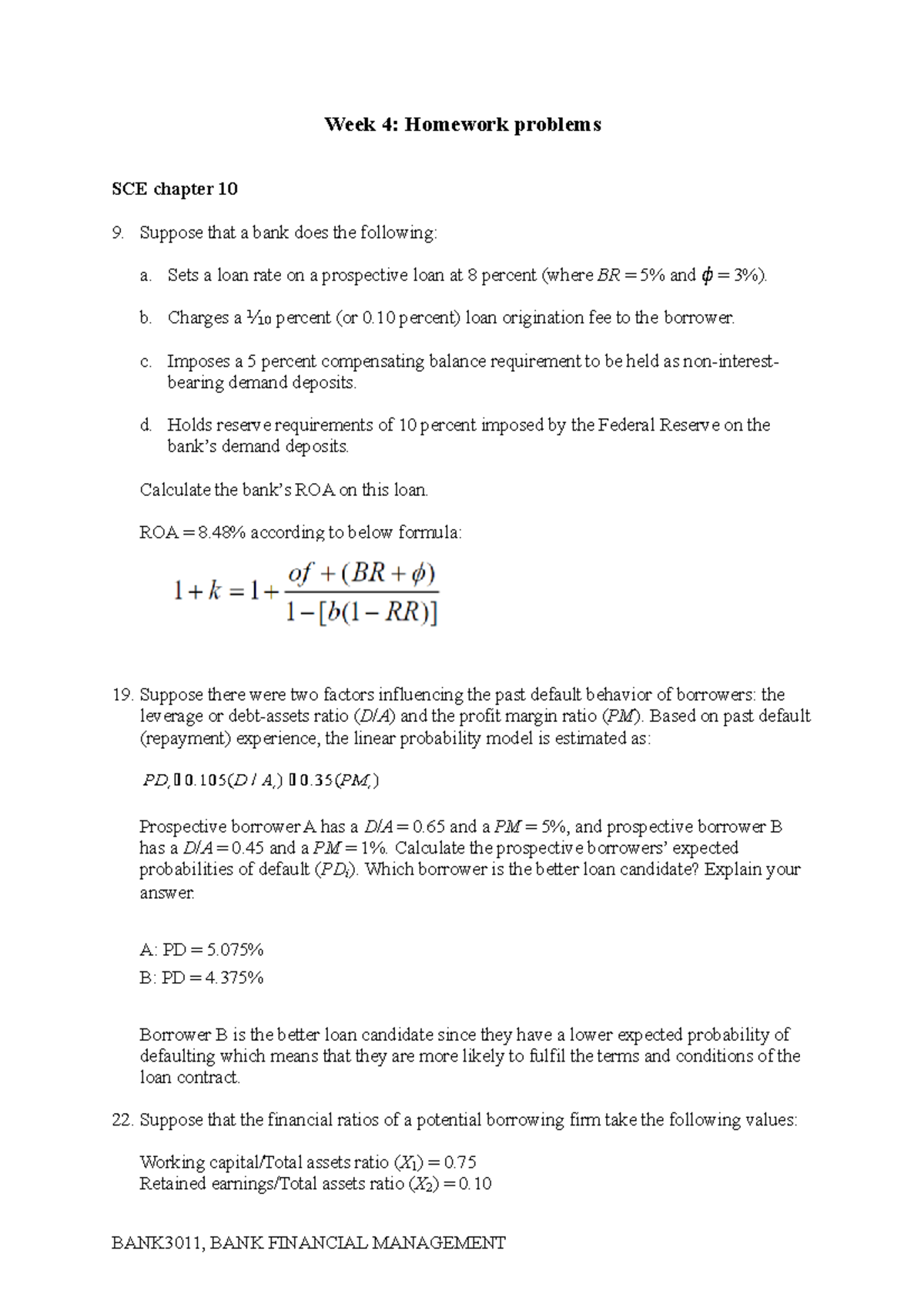 Week 4 problems - tutorial work + answers - BANK3011, BANK FINANCIAL ...