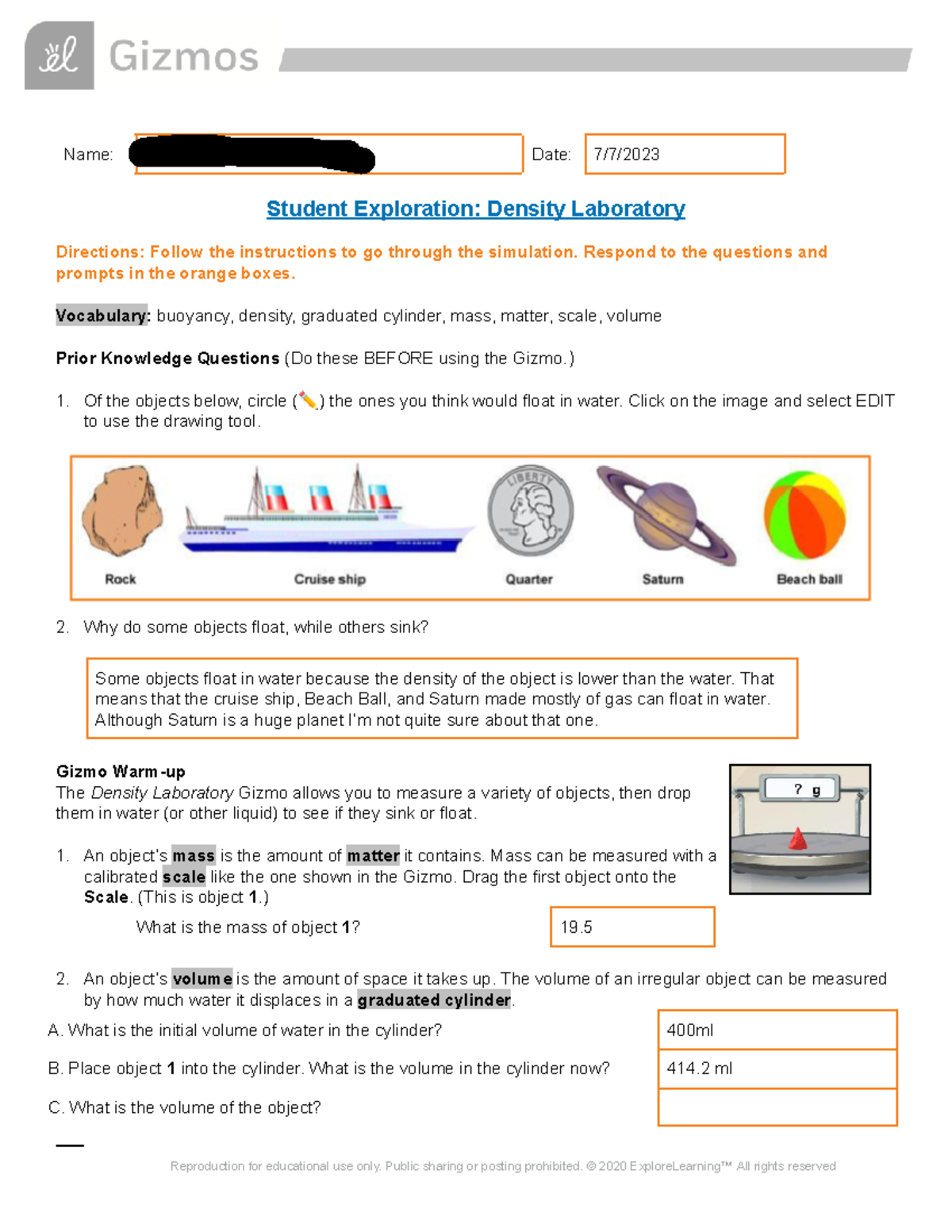 Density Lab SE - Lab work - Name: Vincent Villanueva Date: 7/7/ Student ...