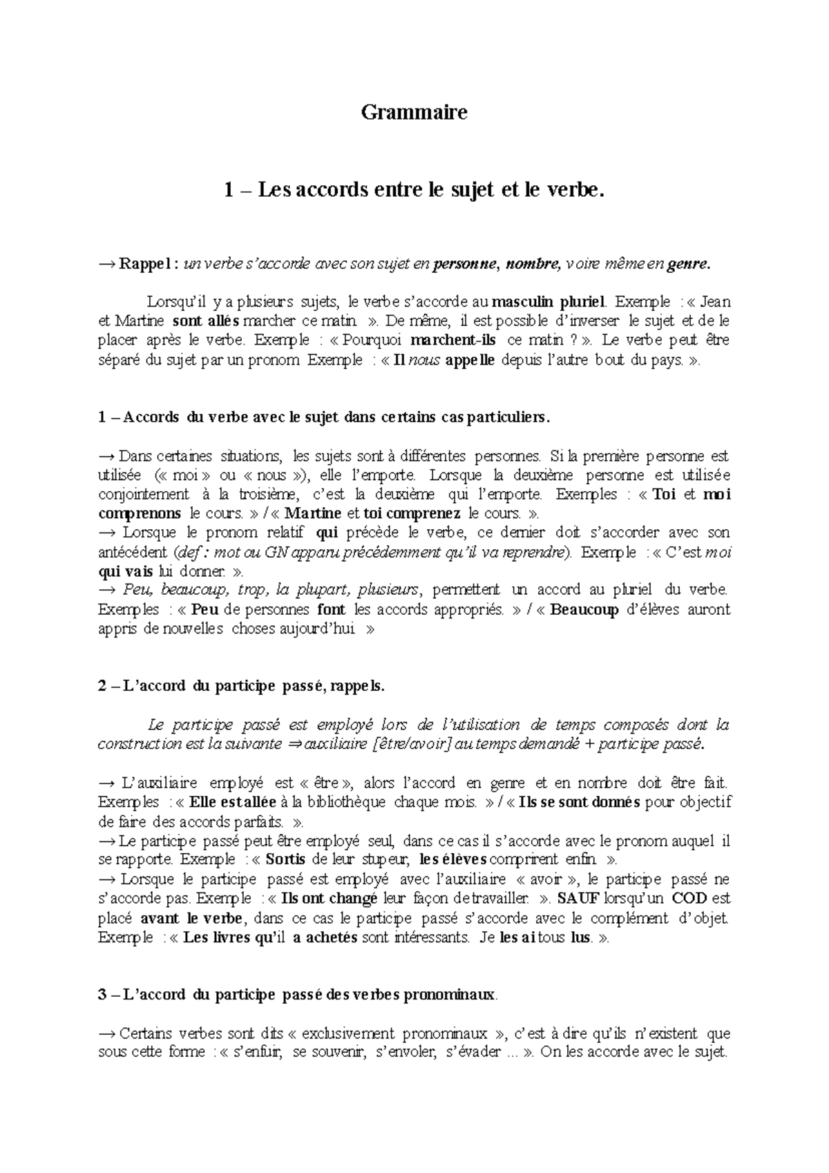 Accords VB Sujet - Grammaire 1 – Les accords entre le sujet et le verbe ...