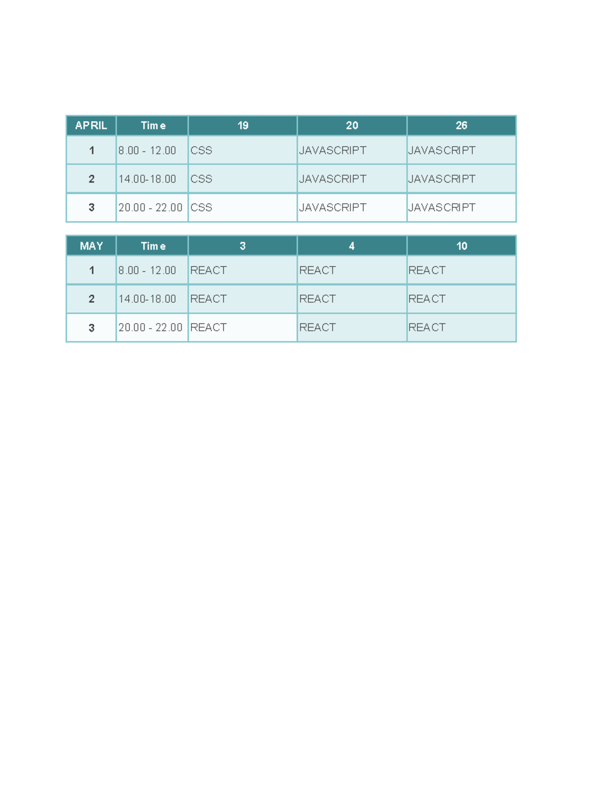MERN stack Plan - Computer Science and Ai - APRIL Time 19 20 26 1 8 ...