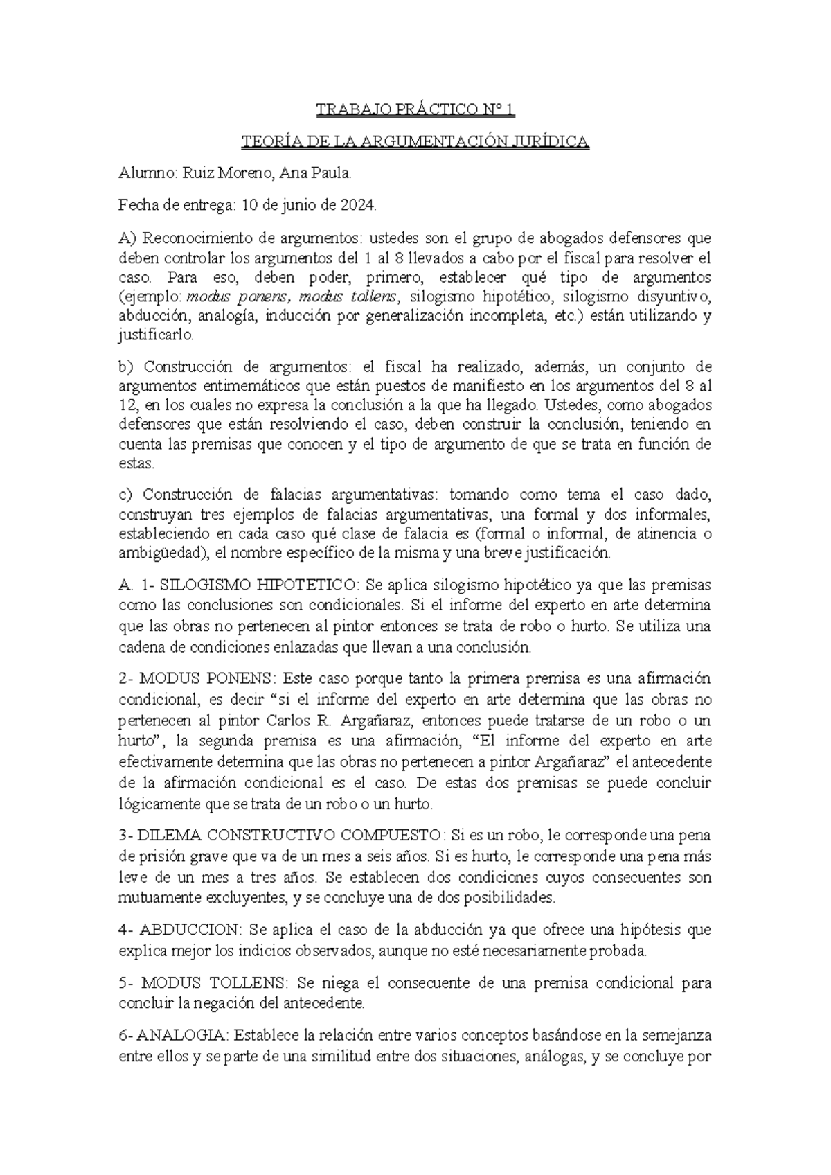 1 Teoría Arg Jur - tp 1 - TRABAJO PRÁCTICO N° 1 TEORÍA DE LA ARGUMENTACIÓN JURÍDICA Alumno: Ruiz ...