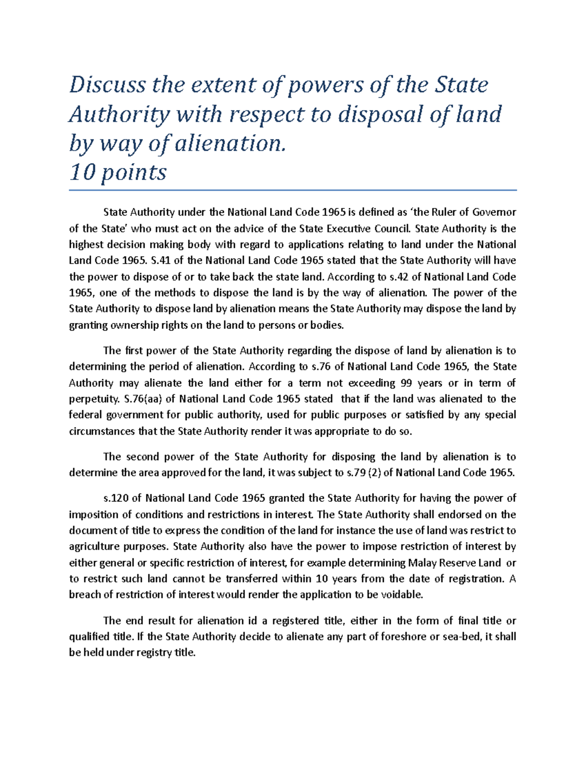 Land Law I Alienation - Discuss the extent of powers of the State ...