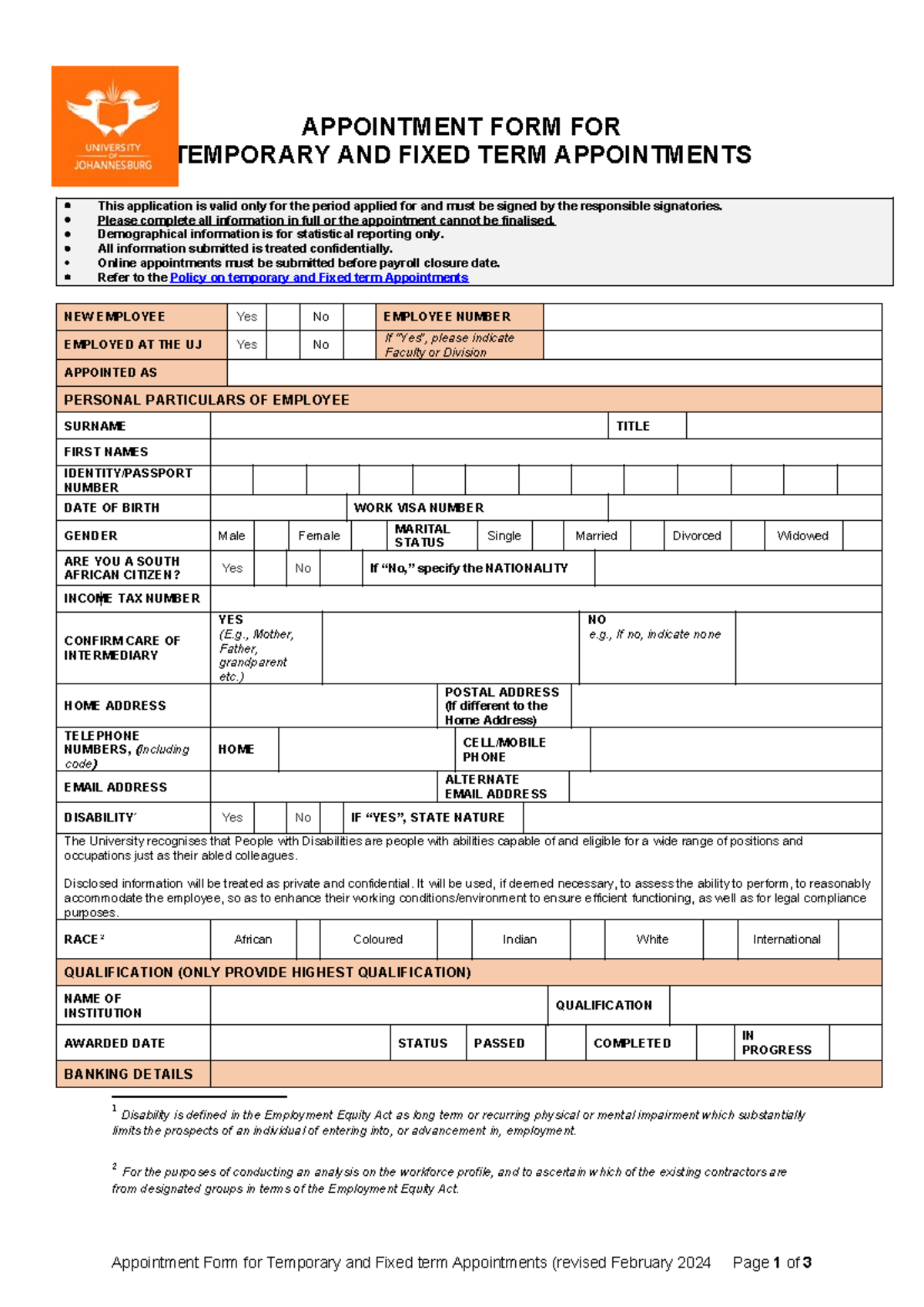 Temporary Appointments Form Revised Feb 2024 - APPOINTMENT FORM FOR ...