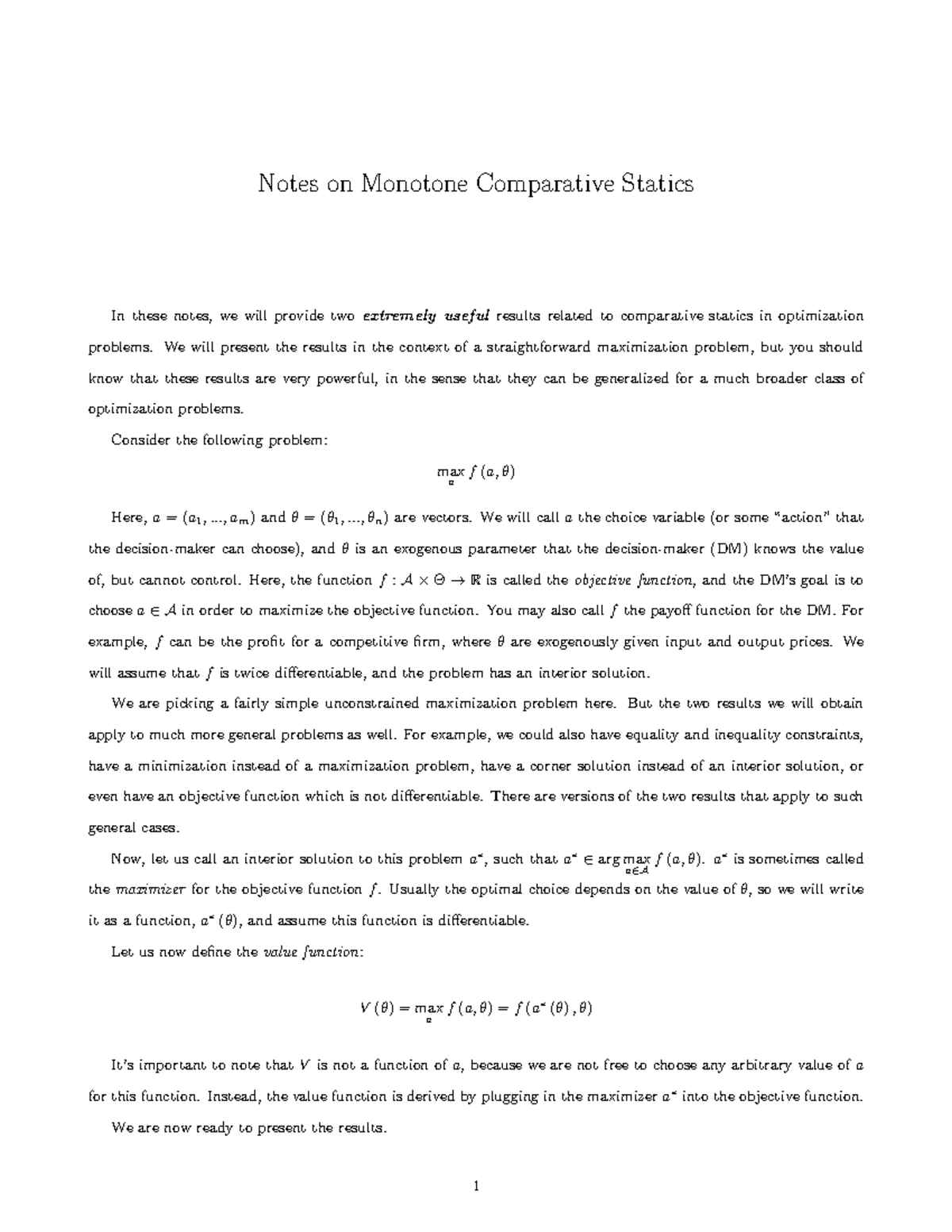 Notes on Monotone Comparative Statics - We will present the results in ...