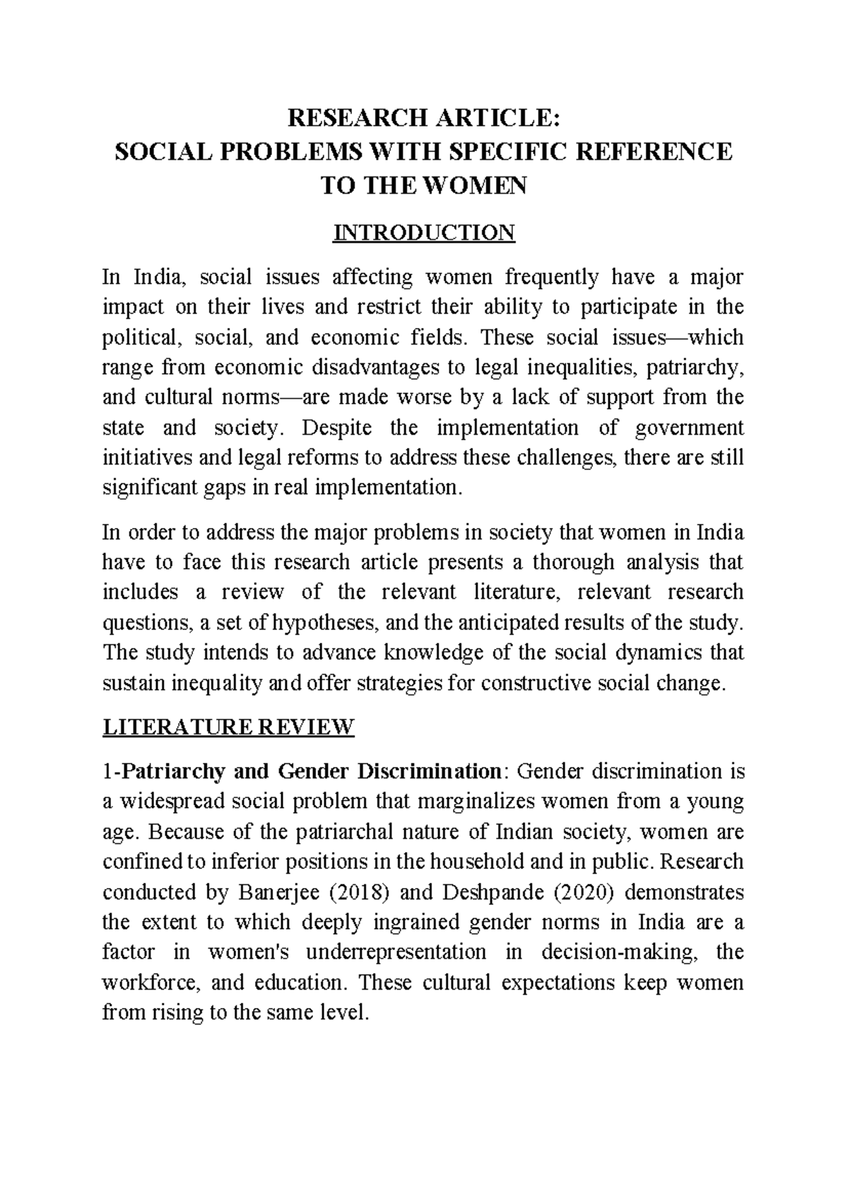 Sociology research paper - RESEARCH ARTICLE: SOCIAL PROBLEMS WITH ...