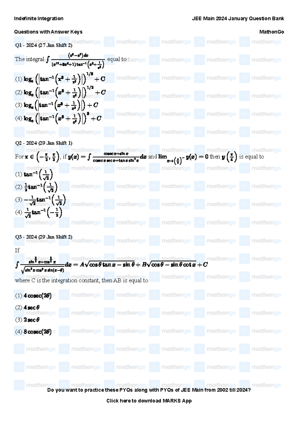 Indefinite Integration - JEE Main 2024 January Question Bank - Mathon ...