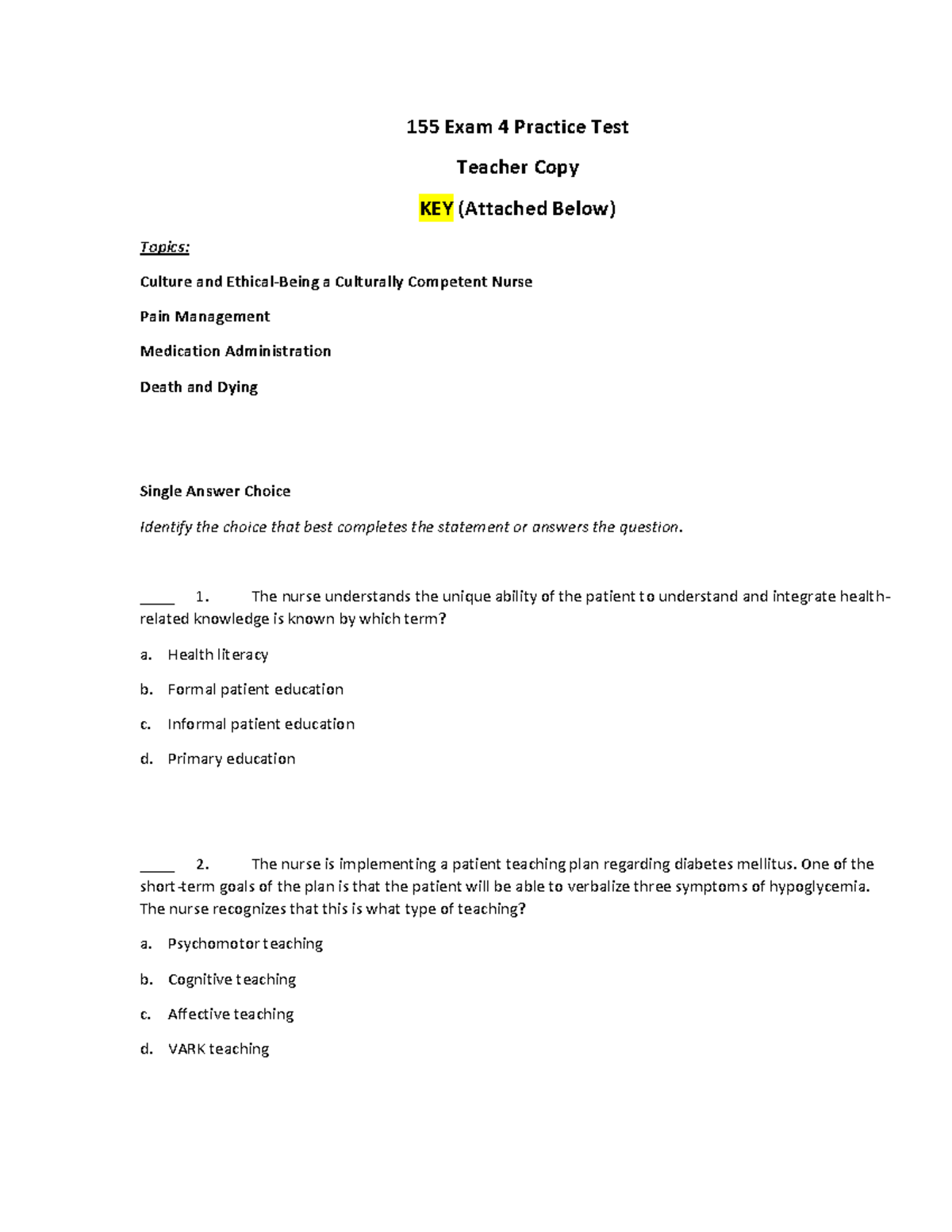 Exam 4 review practice - 155 Exam 4 Practice Test Teacher Copy KEY ...