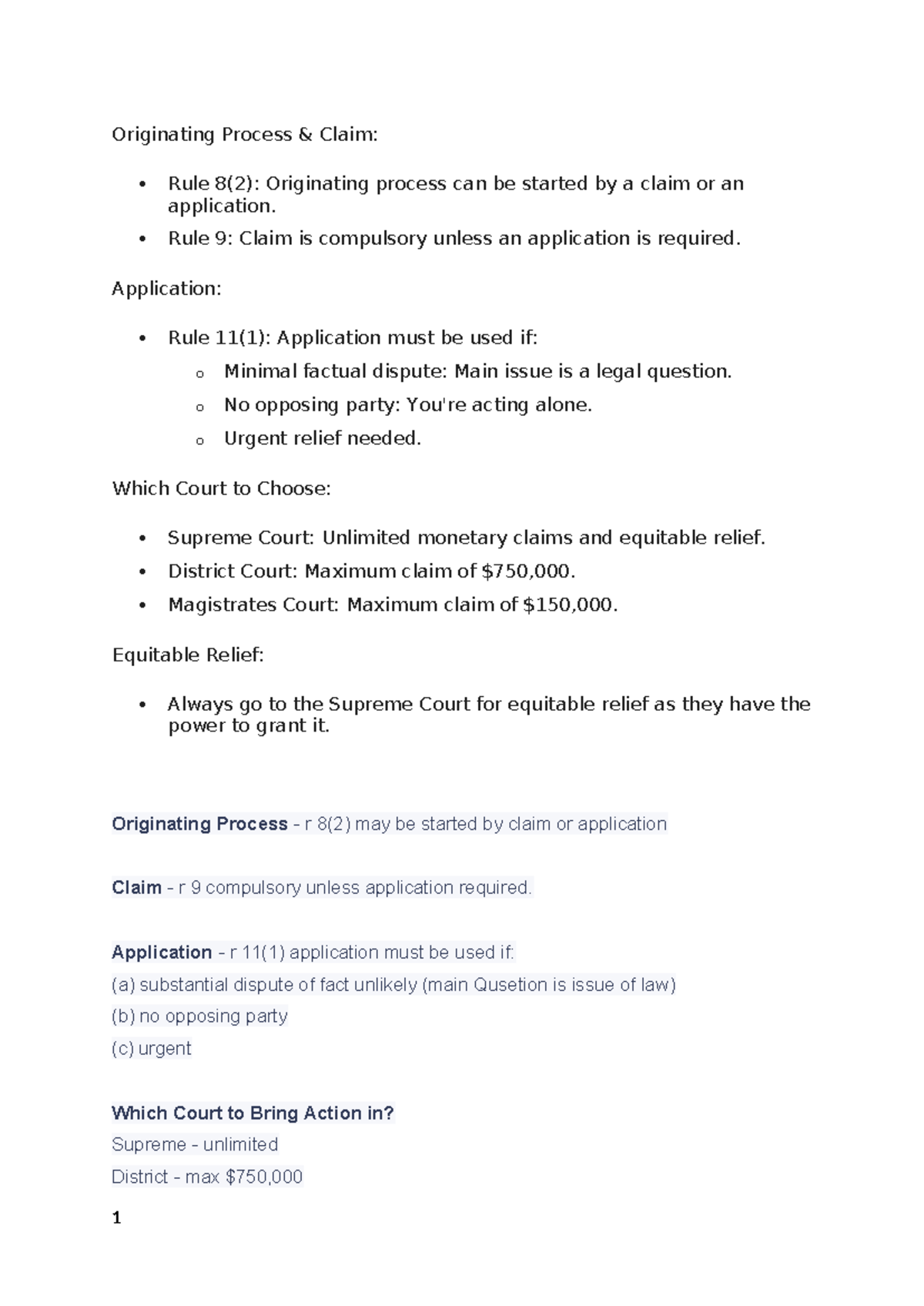 Exam Notes - 2 - Originating Process & Claim: Rule 8(2): Originating ...