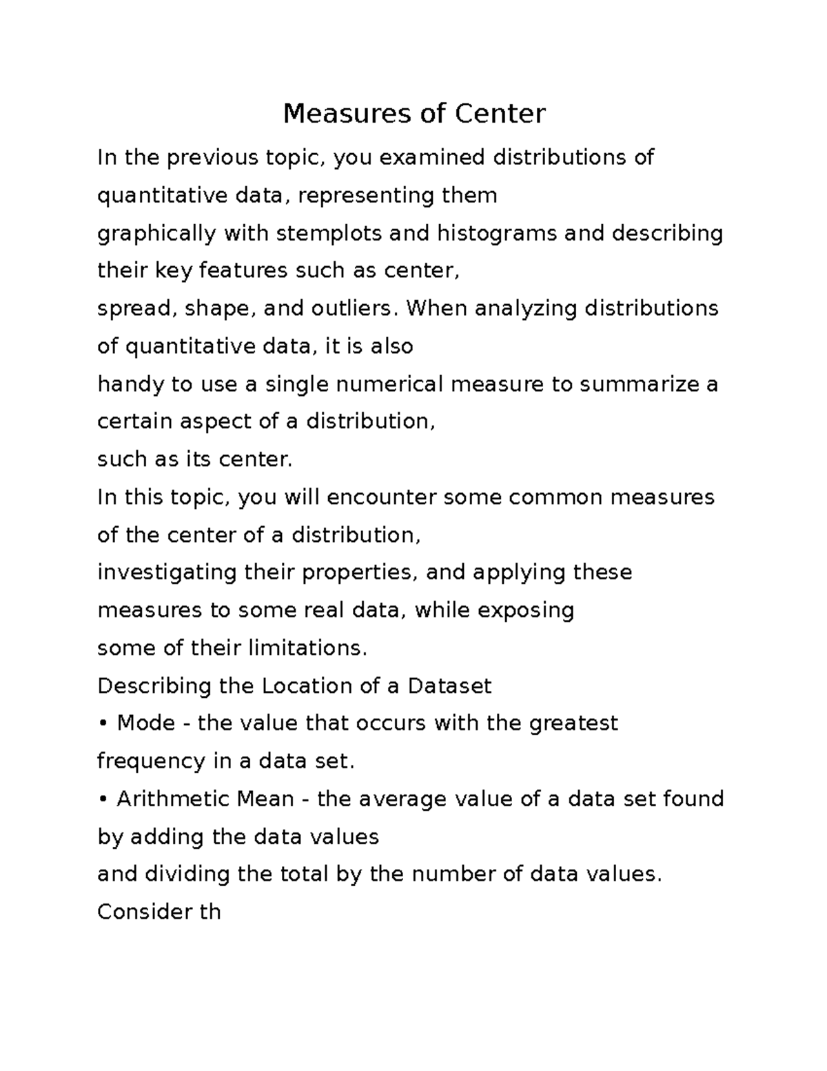 Measures of Center - week three - Measures of Center In the previous ...