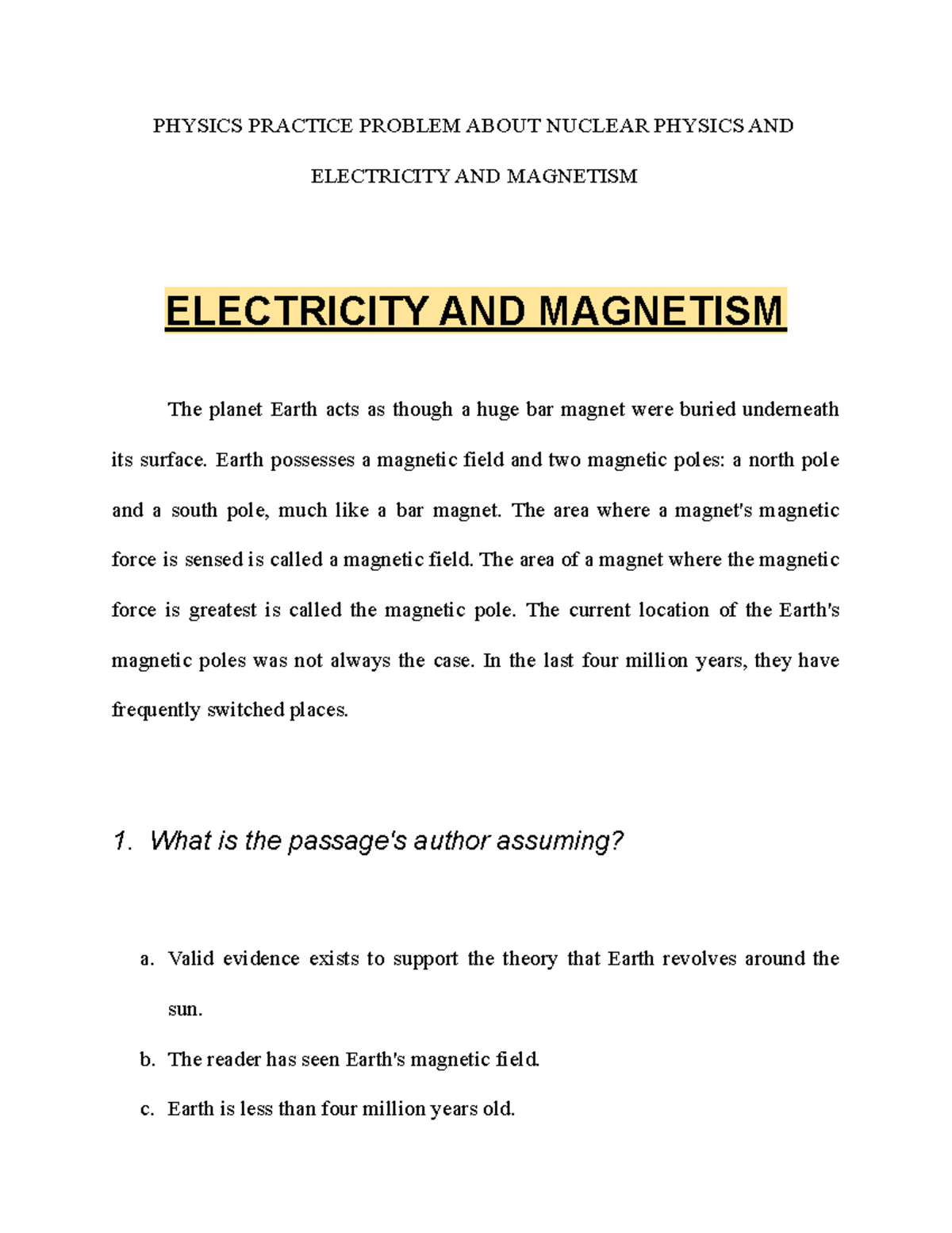 Physics Practice Problem About Nuclear Physics AND Electricity AND ...