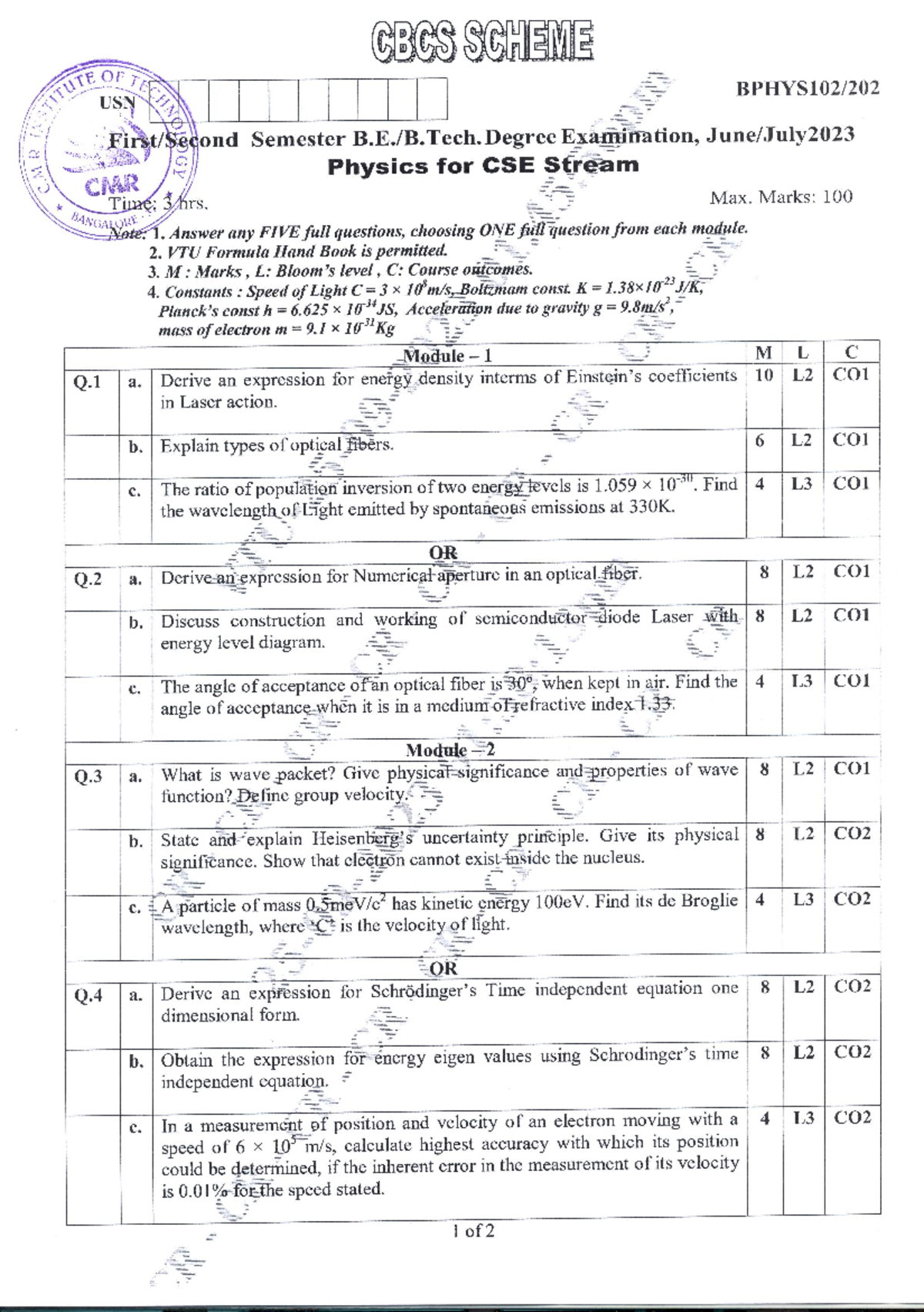 VTU Question Paper of Bphys 102 - Bphys 202 Applied Physics for CSE Stream June-July-2023 - CBCS ...