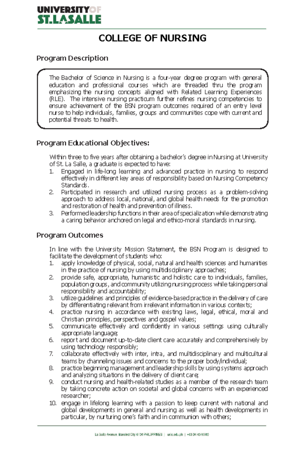 BS Nursing 2020 - None - COLLEGE OF NURSING Program Description The ...