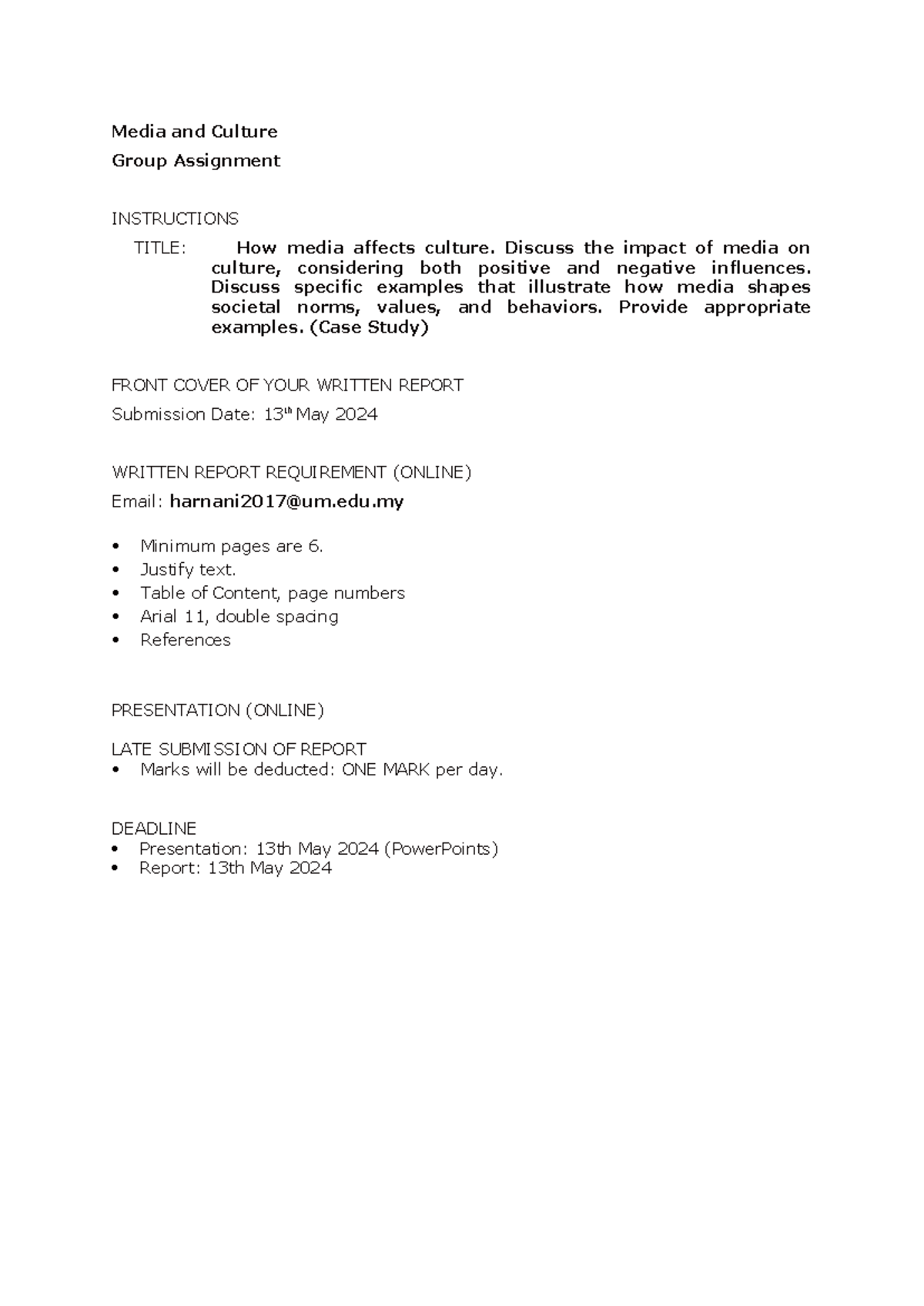 Assignment Media and Culture (UM) 2024 - Media and Culture Group ...