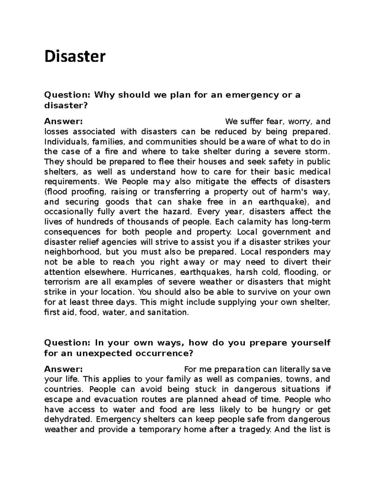 NSTP1 Essay Midterm - Disaster Question: Why should we plan for an ...