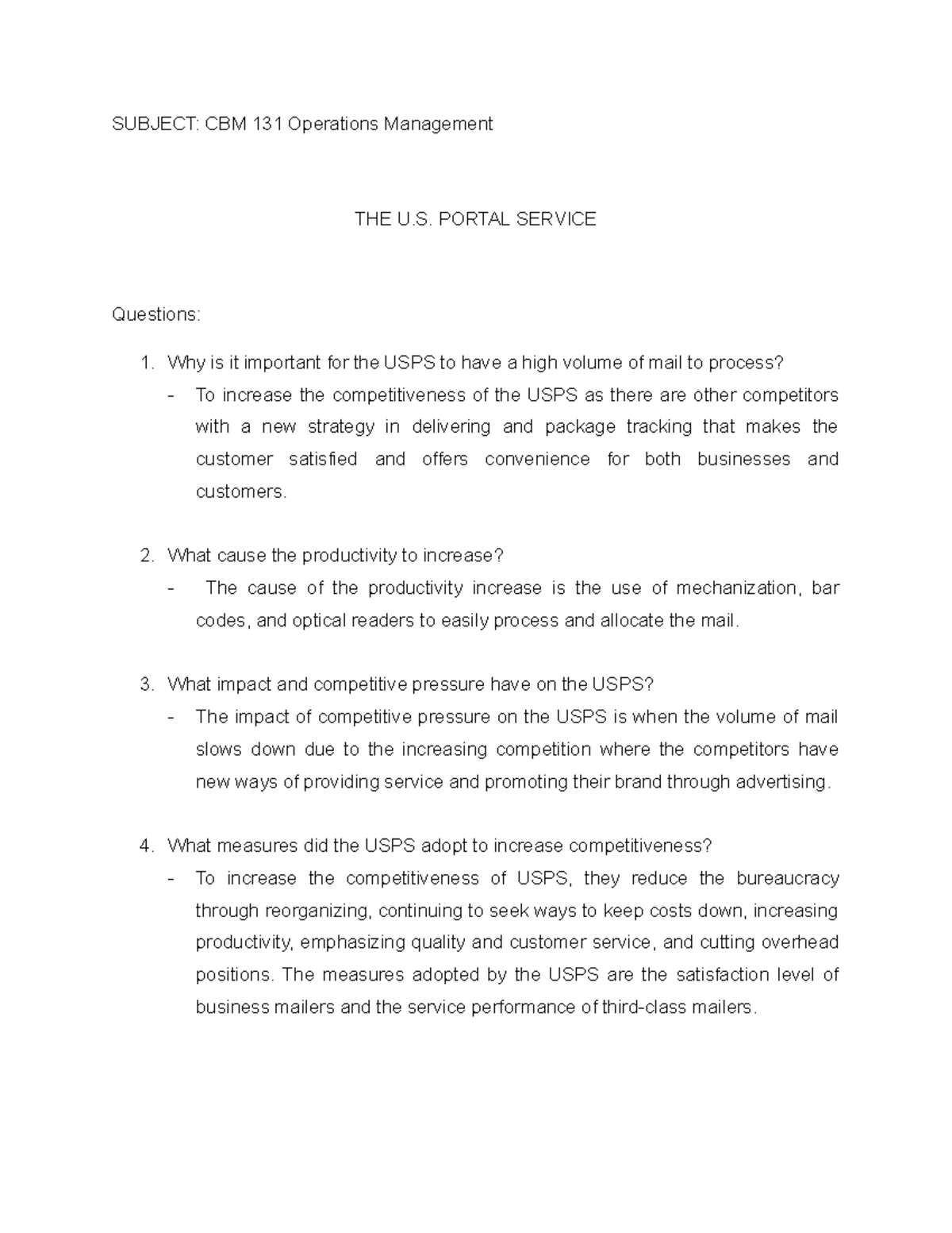 Operation Management - SUBJECT: CBM 131 Operations Management THE U. PORTAL SERVICE Questions ...