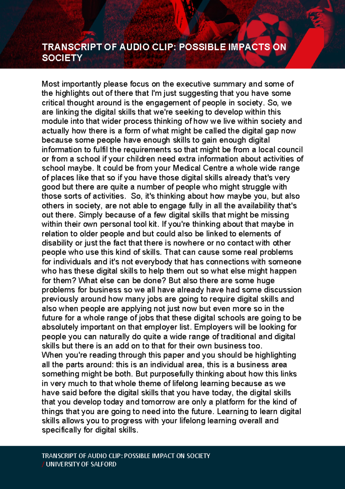 Audio Clip Transcript Digital Skills and the Possible Impact on Society ...